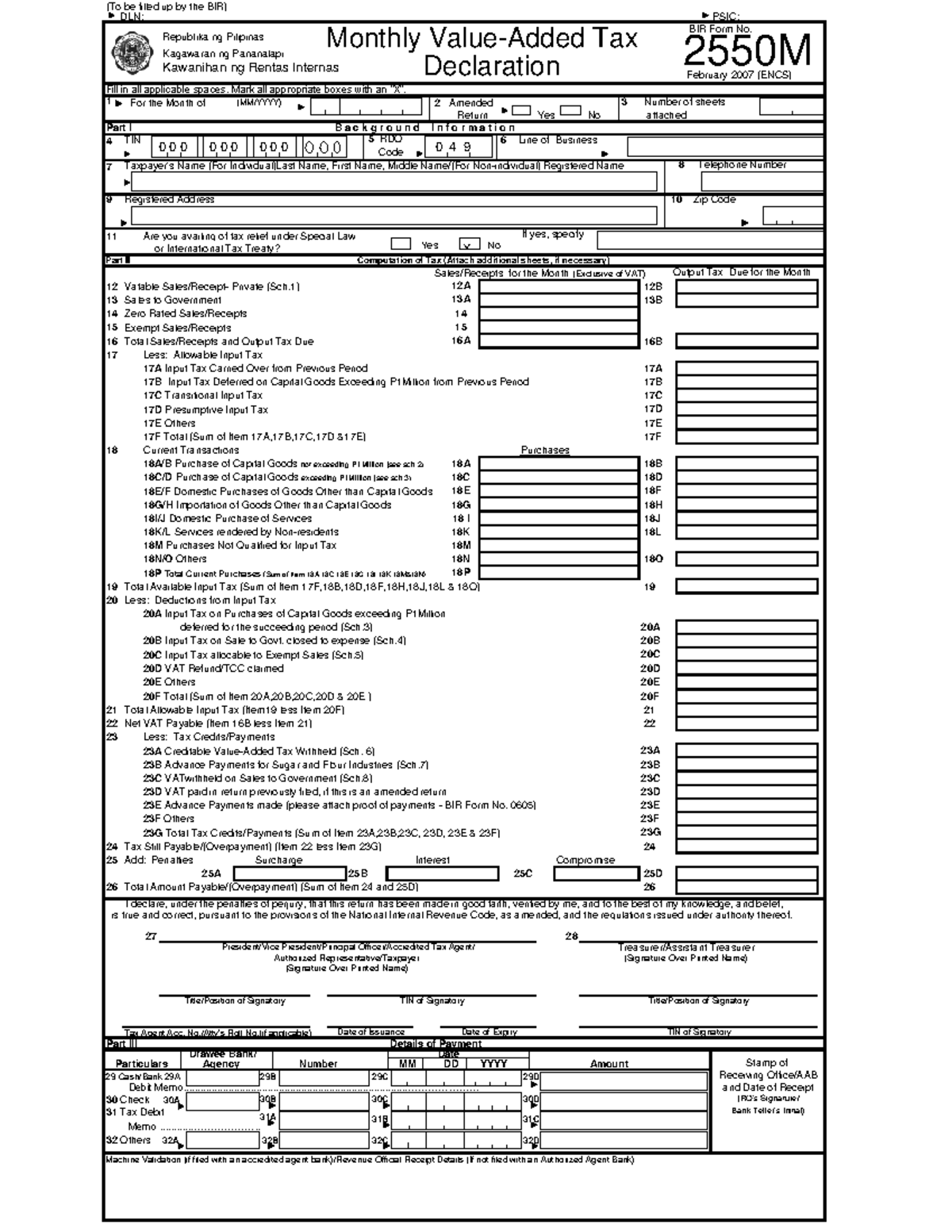 Blank Monthly and Quarterly VAT Forms - (To be filled up by the BIR ...