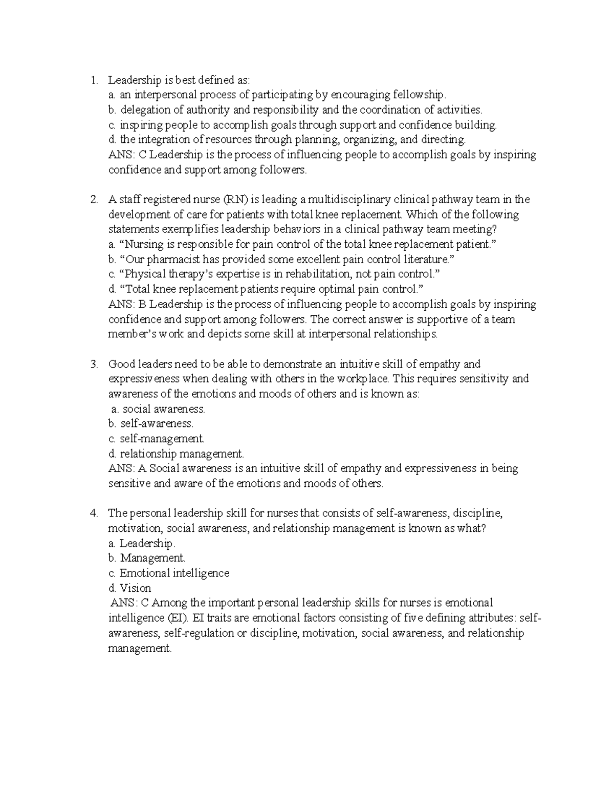 Leadership TEST 1 PREP - Practice questions - Leadership is best ...