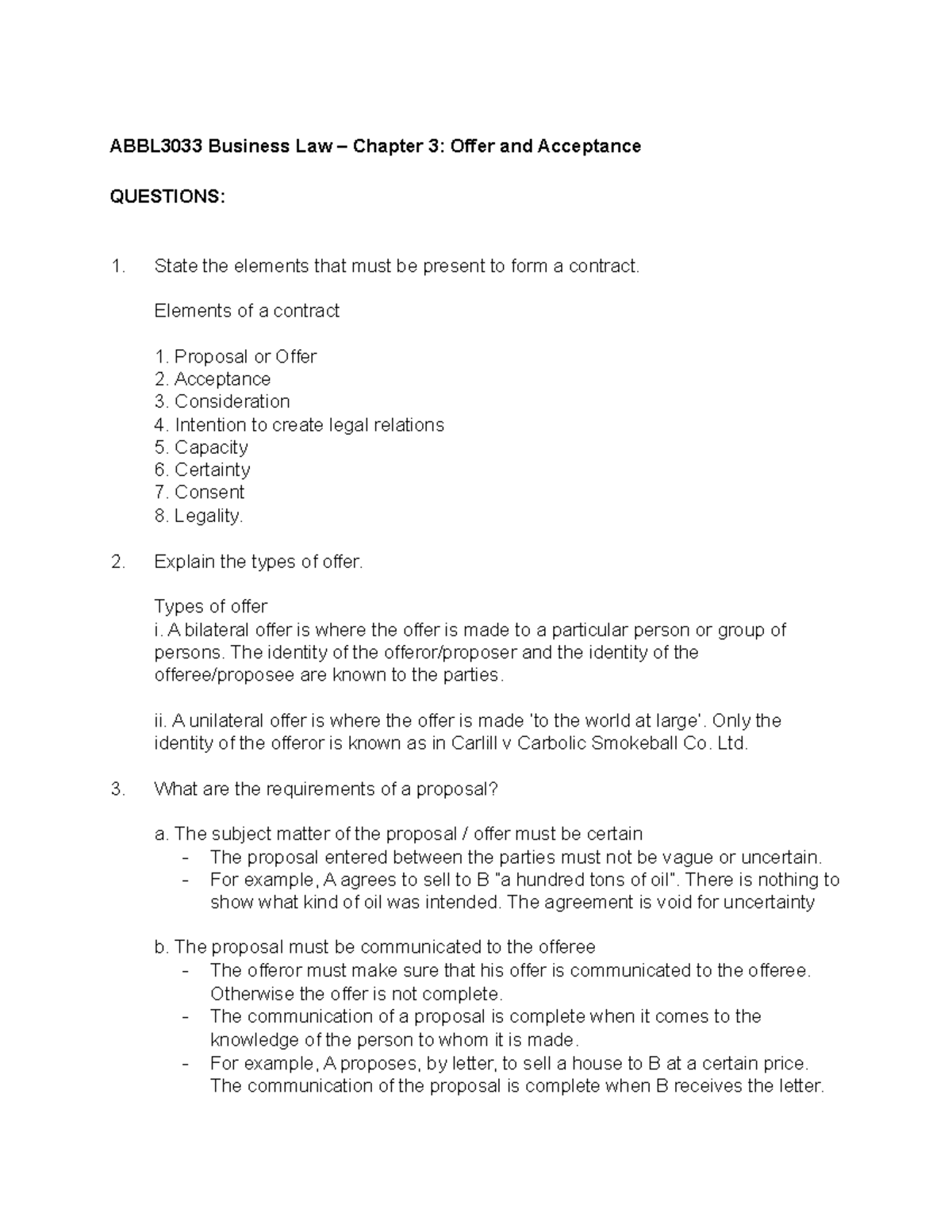 Tutorial 3 - Offer & Acceptance (Q) law - ABBL3033 Business Law ...
