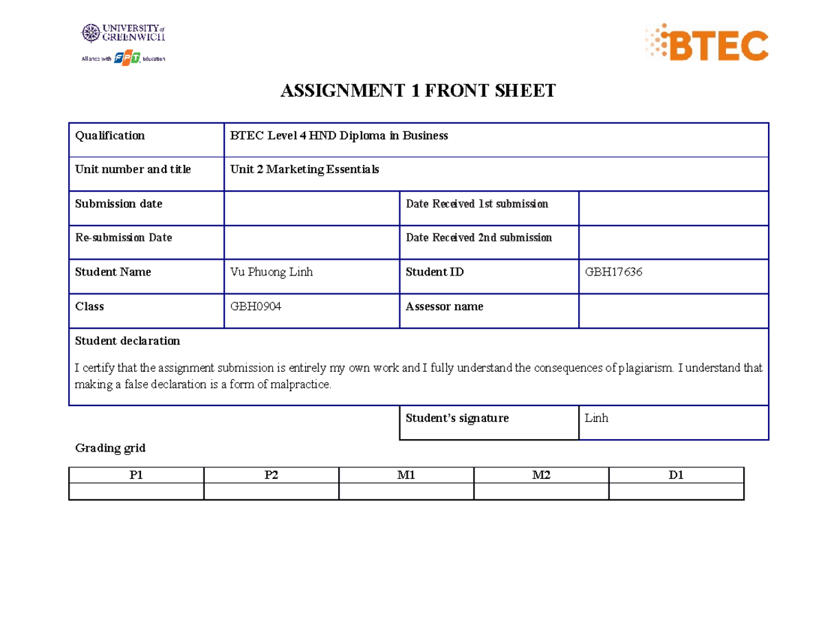 486- Assignment 1 Frontsheet - ASSIGNMENT 1 FRONT SHEET Qualification BTEC Level 4 HND Diploma ...