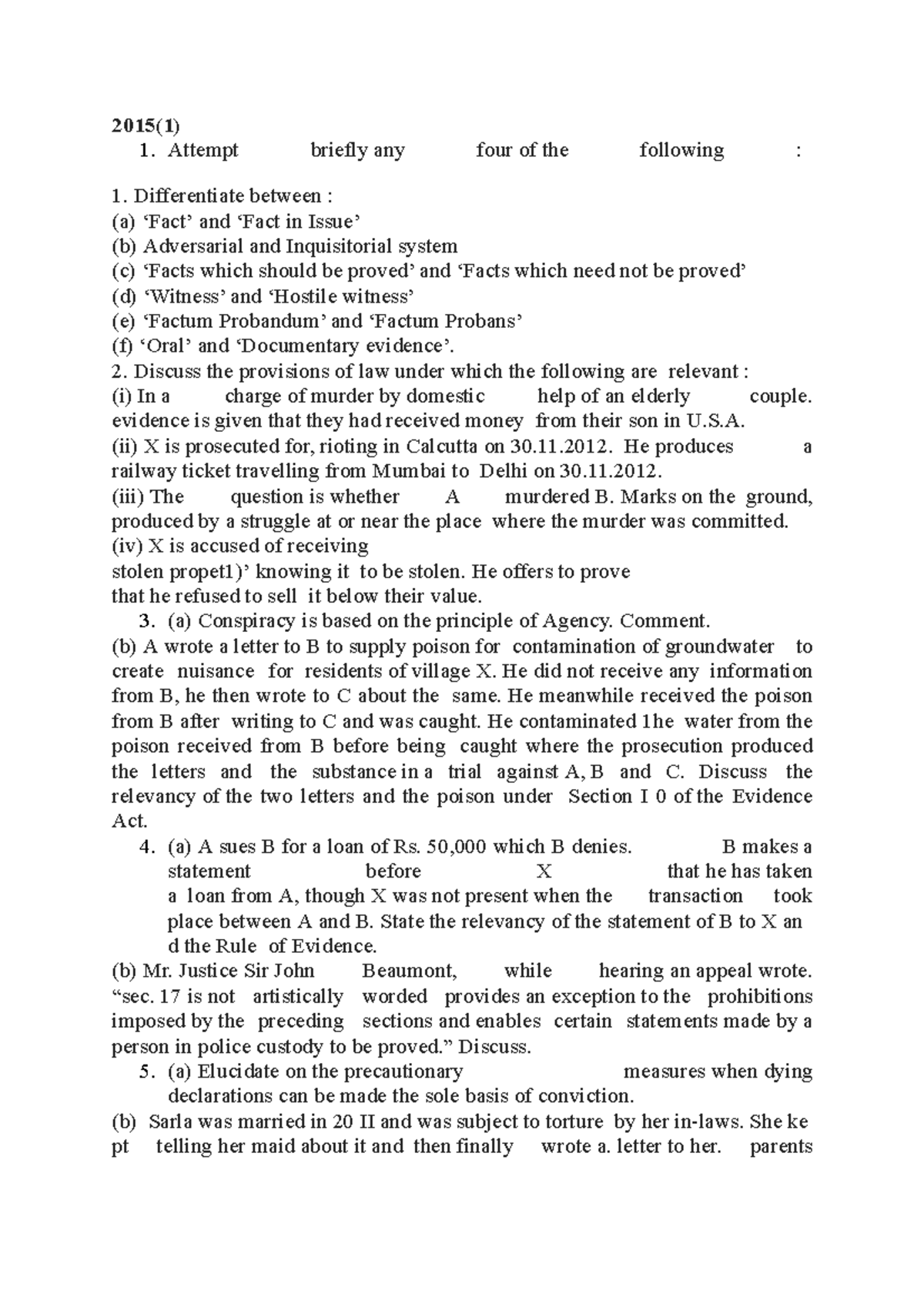 Evidence sample paper 3 - 2015(1) Attempt briefly any four of the ...