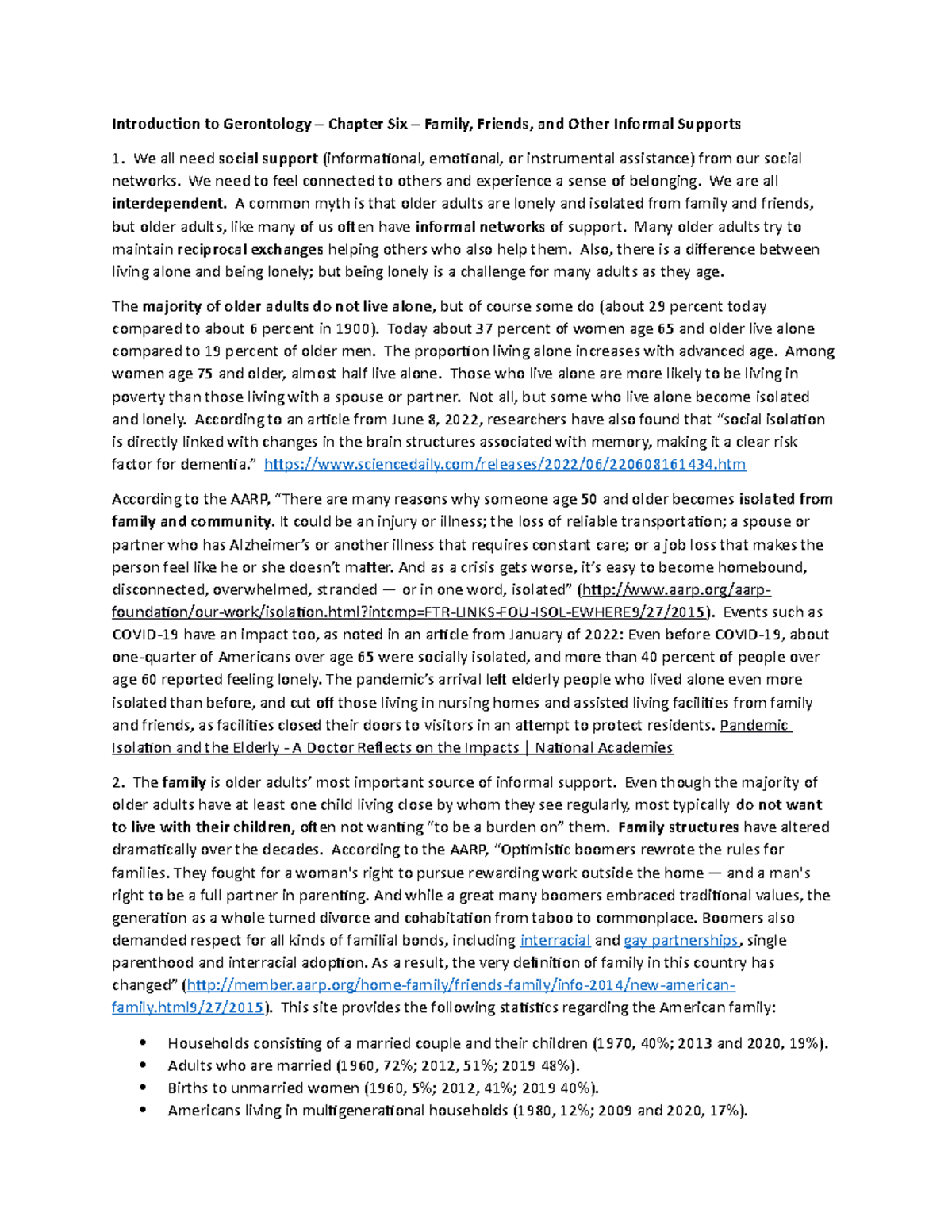 Introduction to Gerontology Chapter Six Summary and Lecture Notes and ...