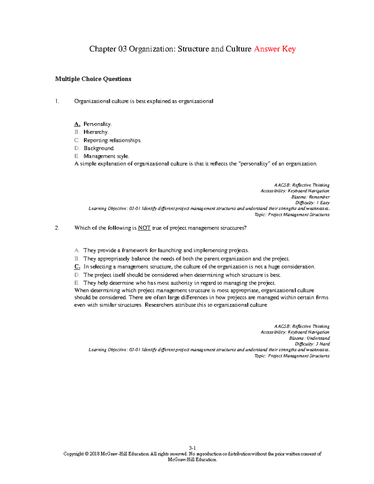 TBChap 003 - Project Management - Chapter 03 Organization: Structure and Culture Answer Key ...