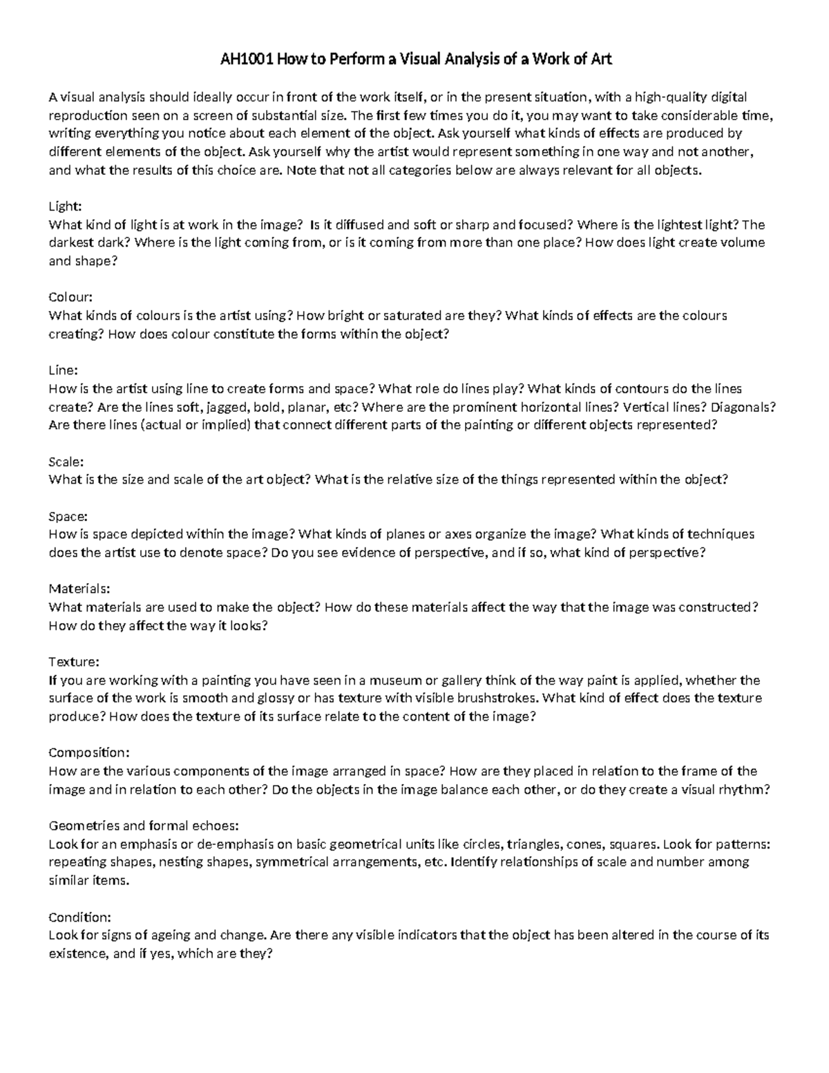 AH1001 visual analysis handout - AH1001 How to Perform a Visual ...