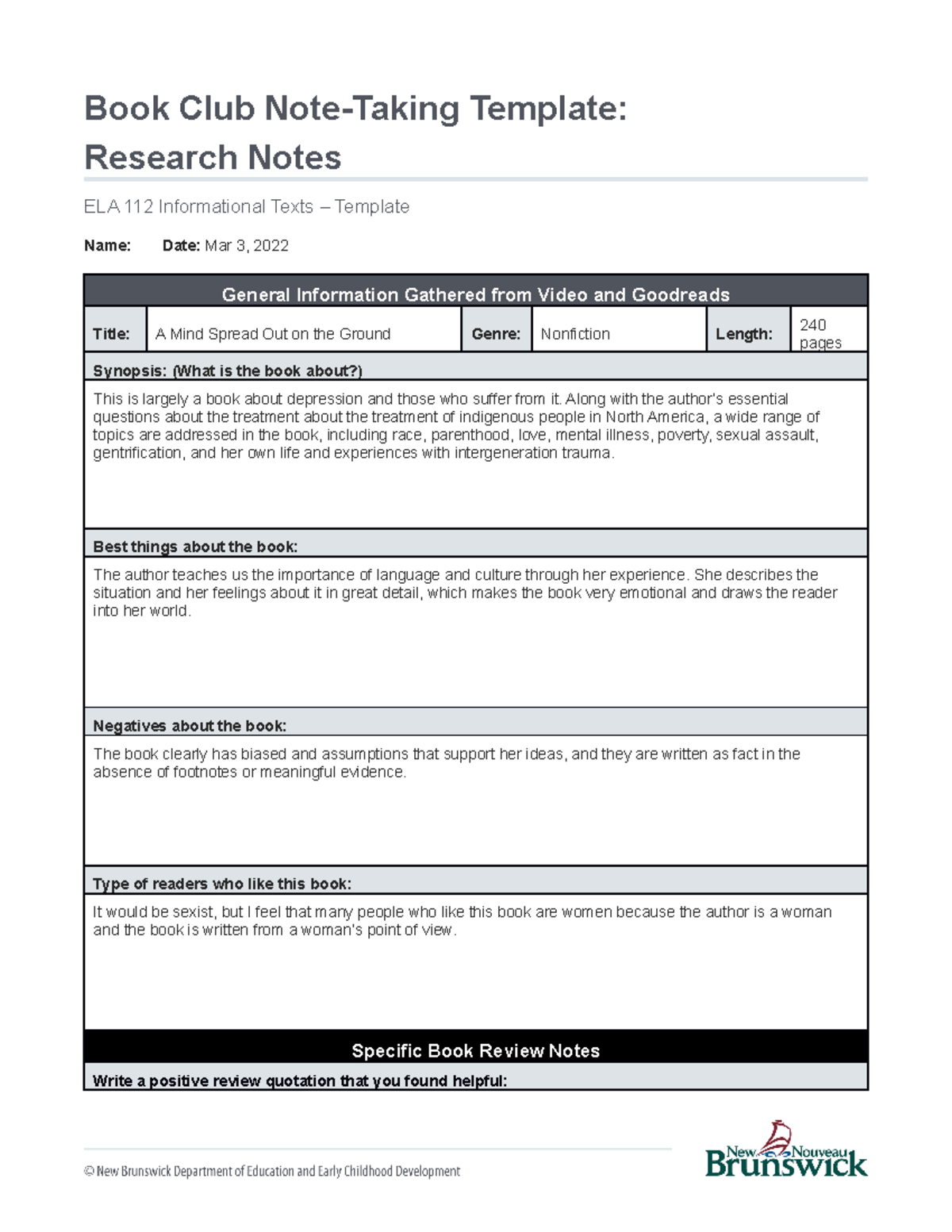 Book Club-A Mind Spread Out on the Ground - Book Club Note-Taking ...