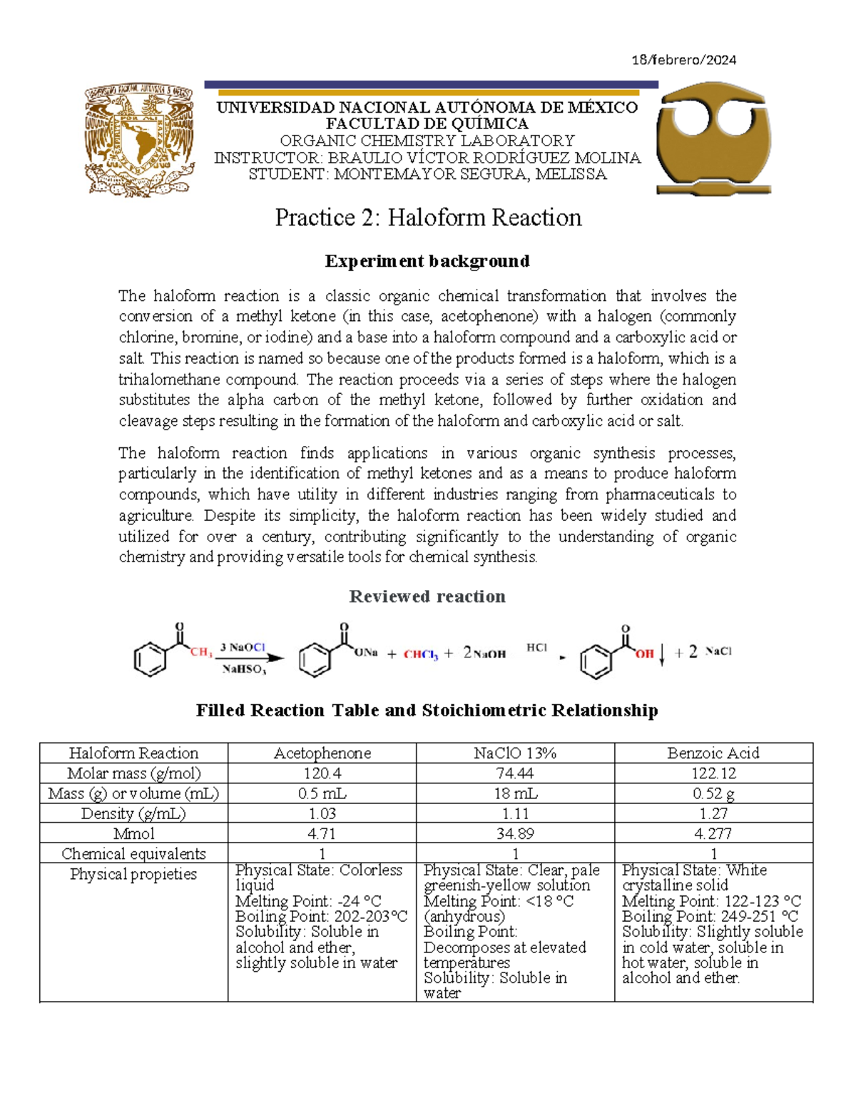 P2 Haloform Reaction Montemayor Segura Melissa - 18/febrero ...