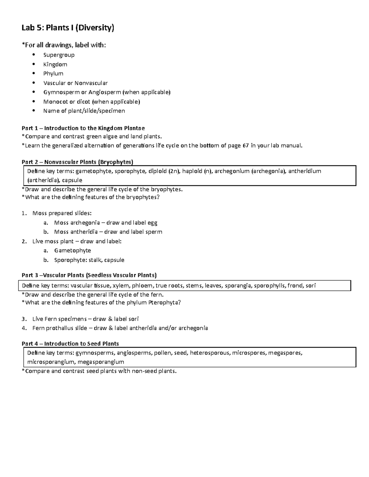 Plants I Sp21in lab handout - Lab 5: Plants I (Diversity) *For all drawings, label with: - Studocu