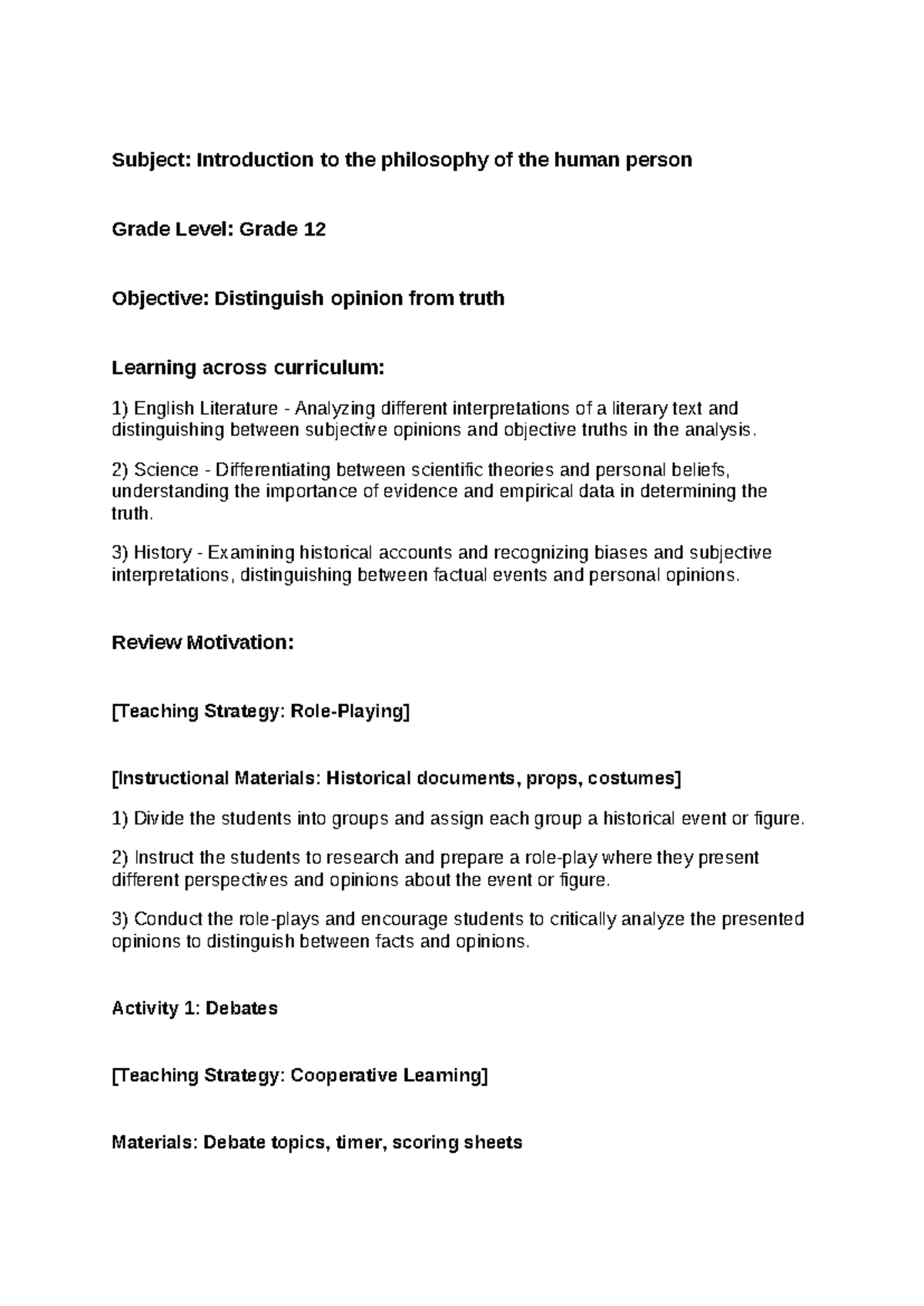 Downloaded philosophy lesson plan - Subject: Introduction to the ...
