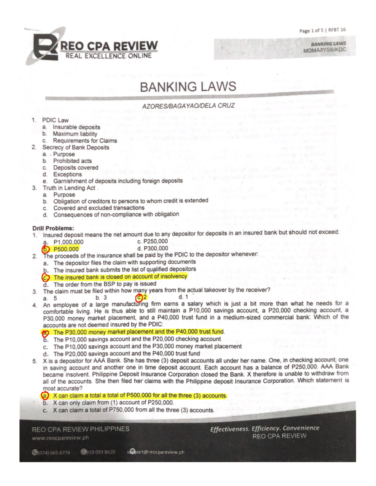REO RFBT Banking LAWS - Page 1 of 5 RFBT 16 P REO CPA REVIEW BANKING LAWS REAL EXCELLENCE ONLINE ...
