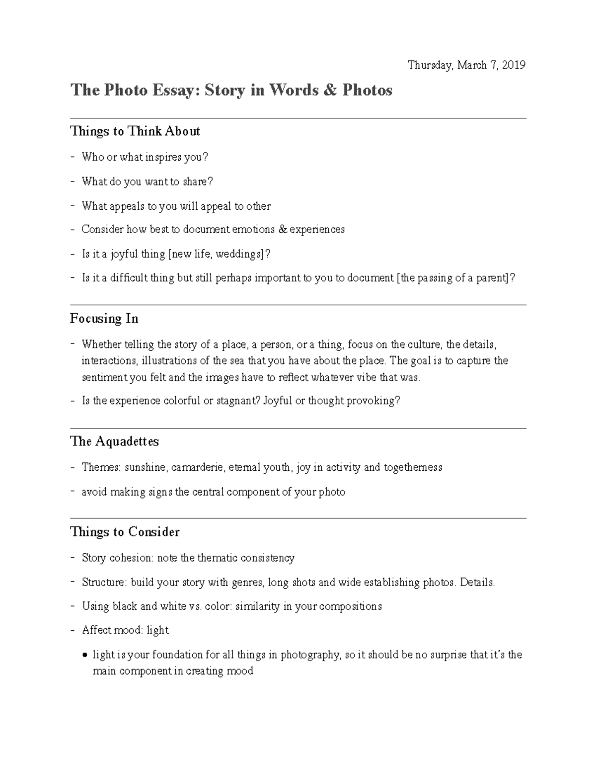 The Photo Essay - Professor Pixley - Thursday, March 7, 2019 The Photo ...