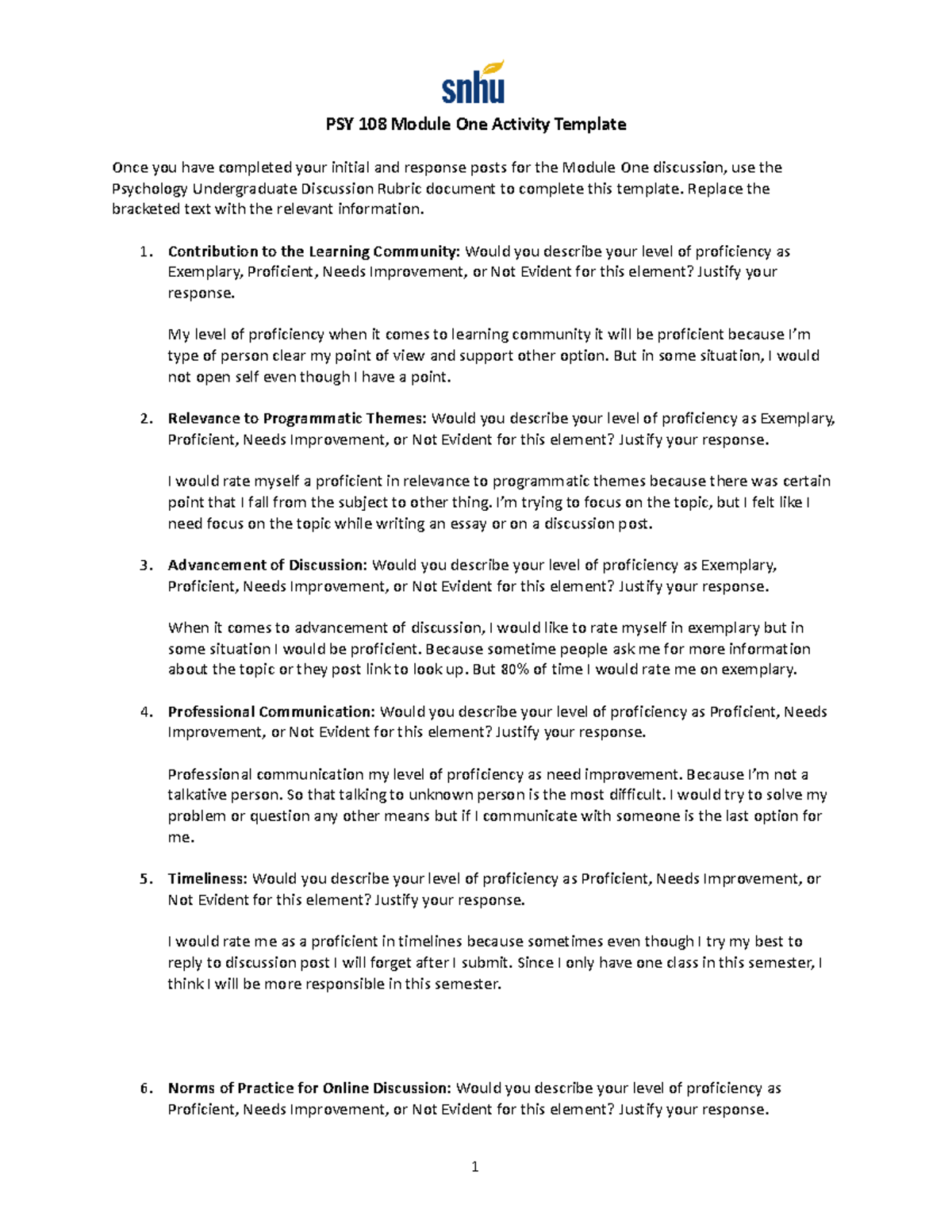 PSY 108 Module One Activity - Replace the bracketed text with the ...