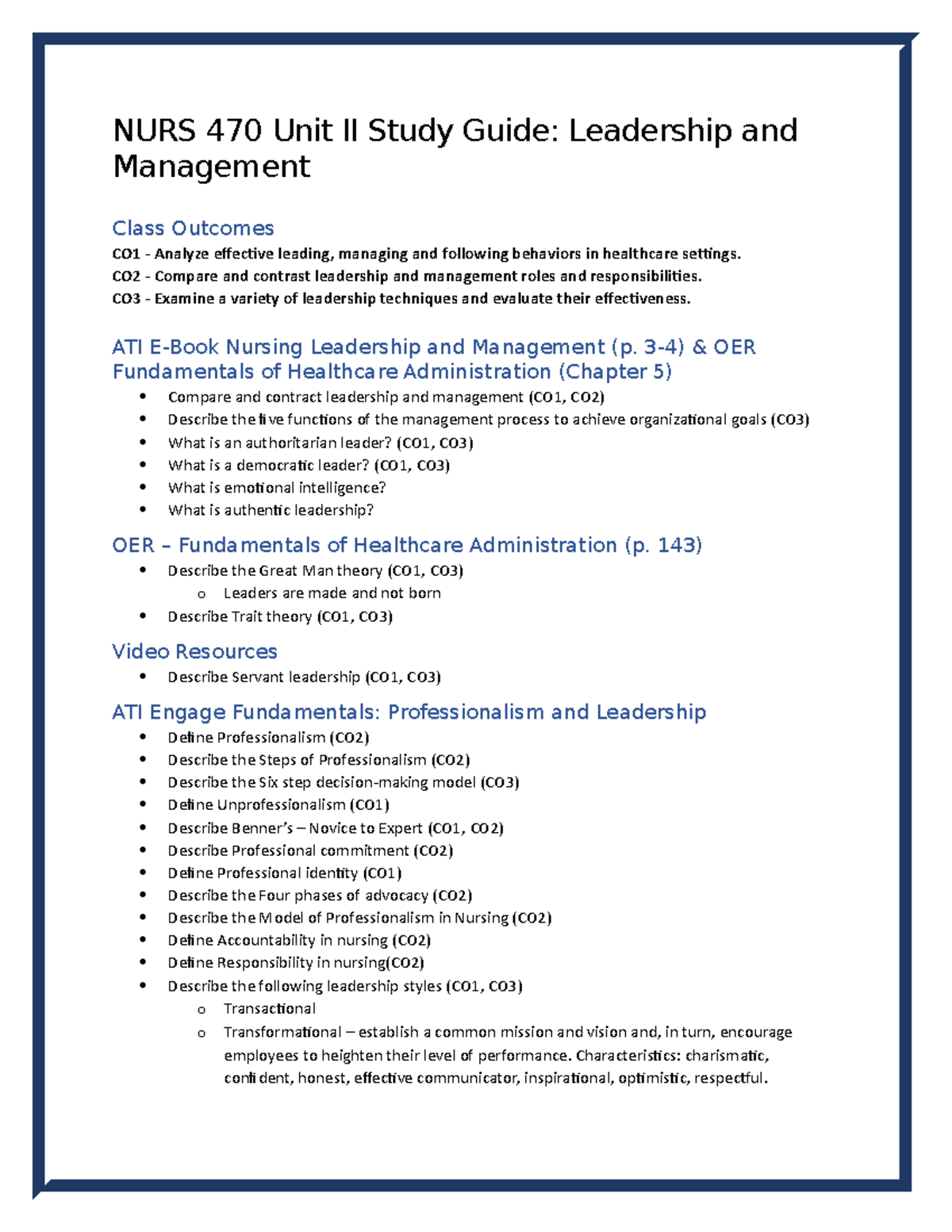 470 2 - STUDY GUIDE - NURS 470 Unit II Study Guide: Leadership and ...