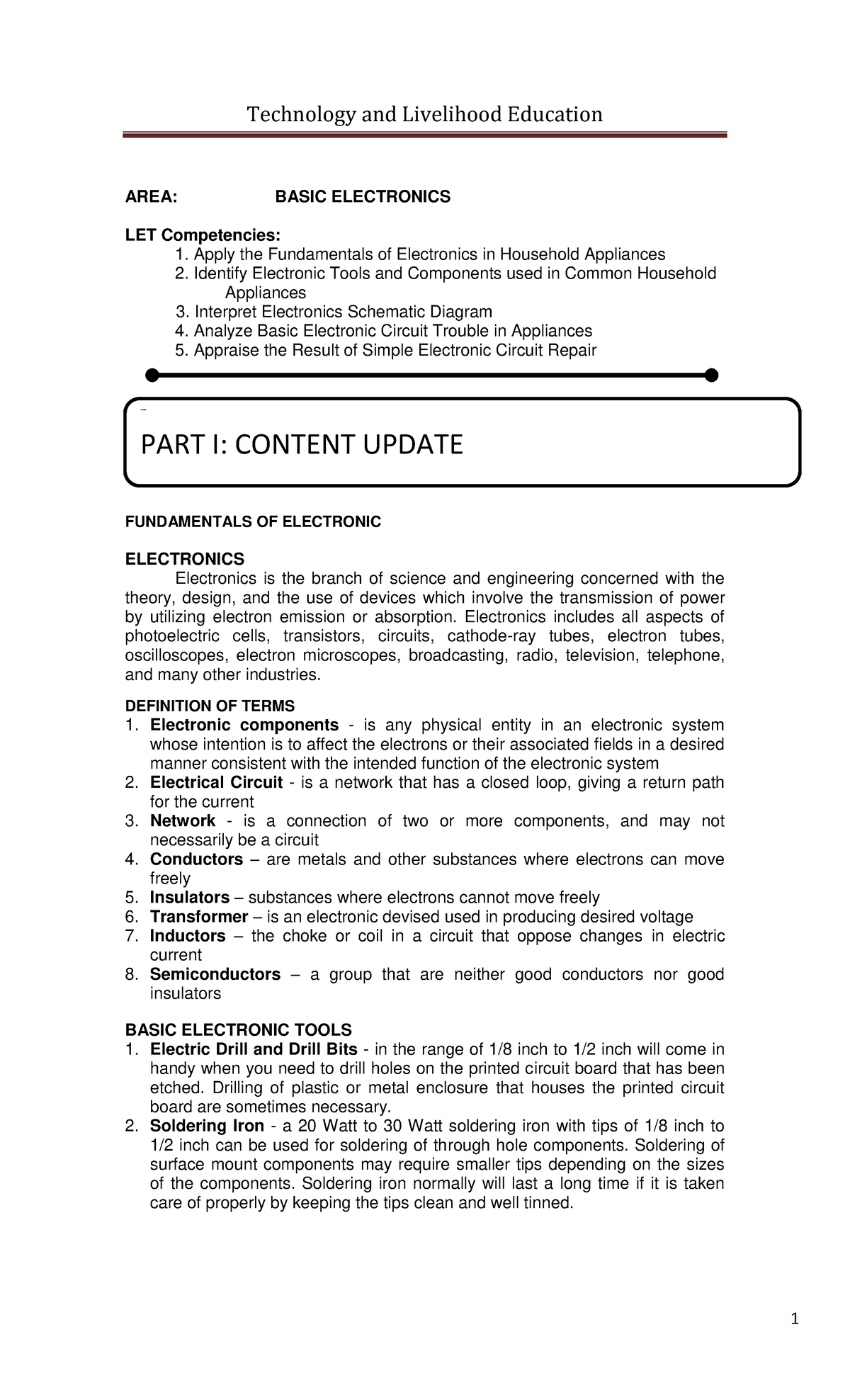TLE - Basic-Electronics 1 - AREA: BASIC ELECTRONICS LET Competencies: 1. Apply the Fundamentals ...