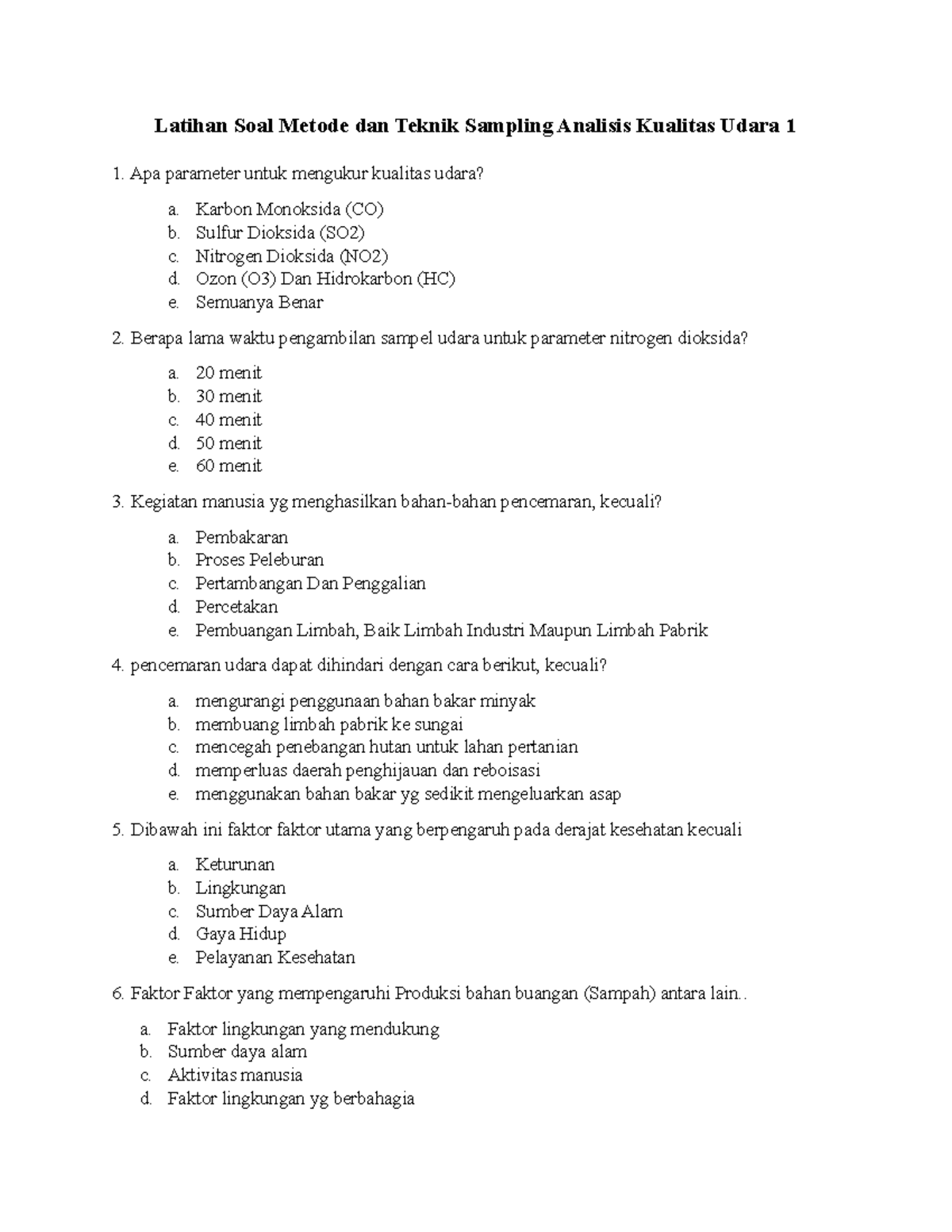 Latihan Soal Metode dan Teknik Sampling Analisis Kualitas Udara 1 ...