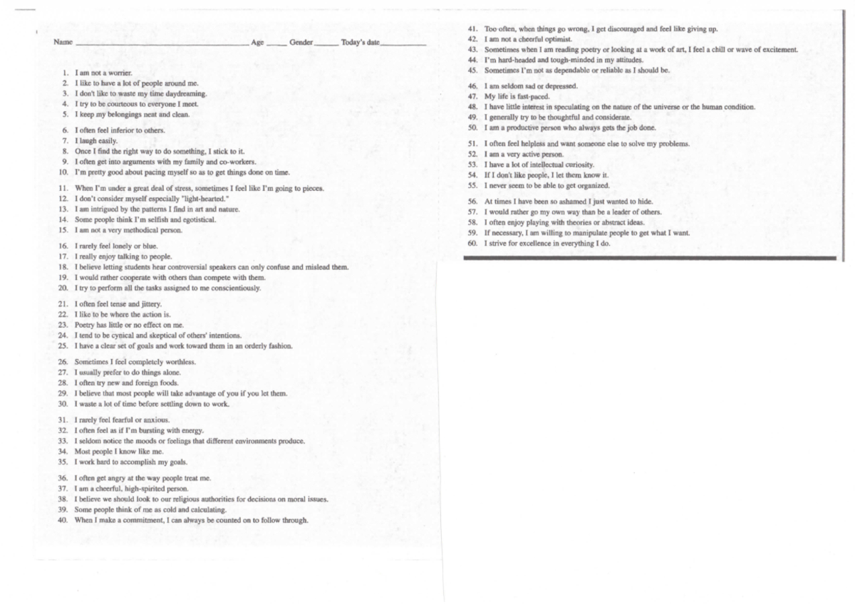 NEO questionnaire - Guidleine for group task - PSY2042 - Studocu