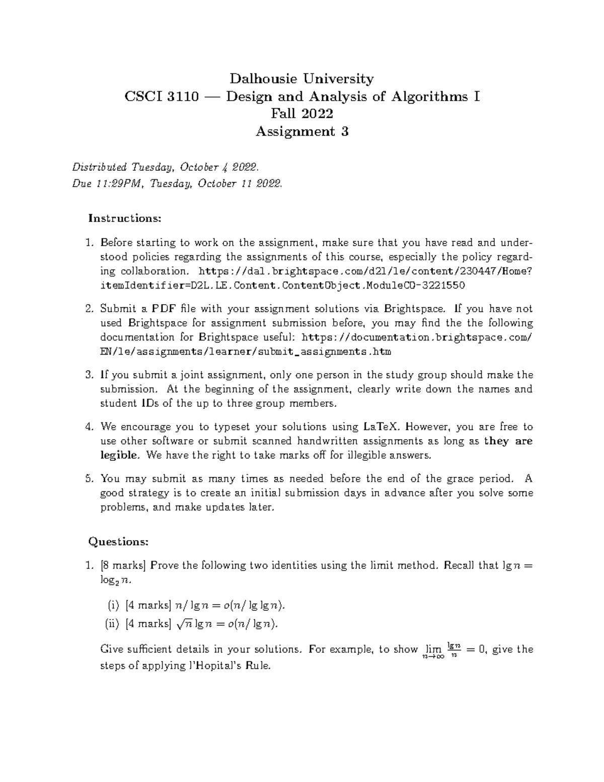 A3 - A1 assignment - Dalhousie University CSCI 3110 — Design and Analysis of Algorithms I Fall ...