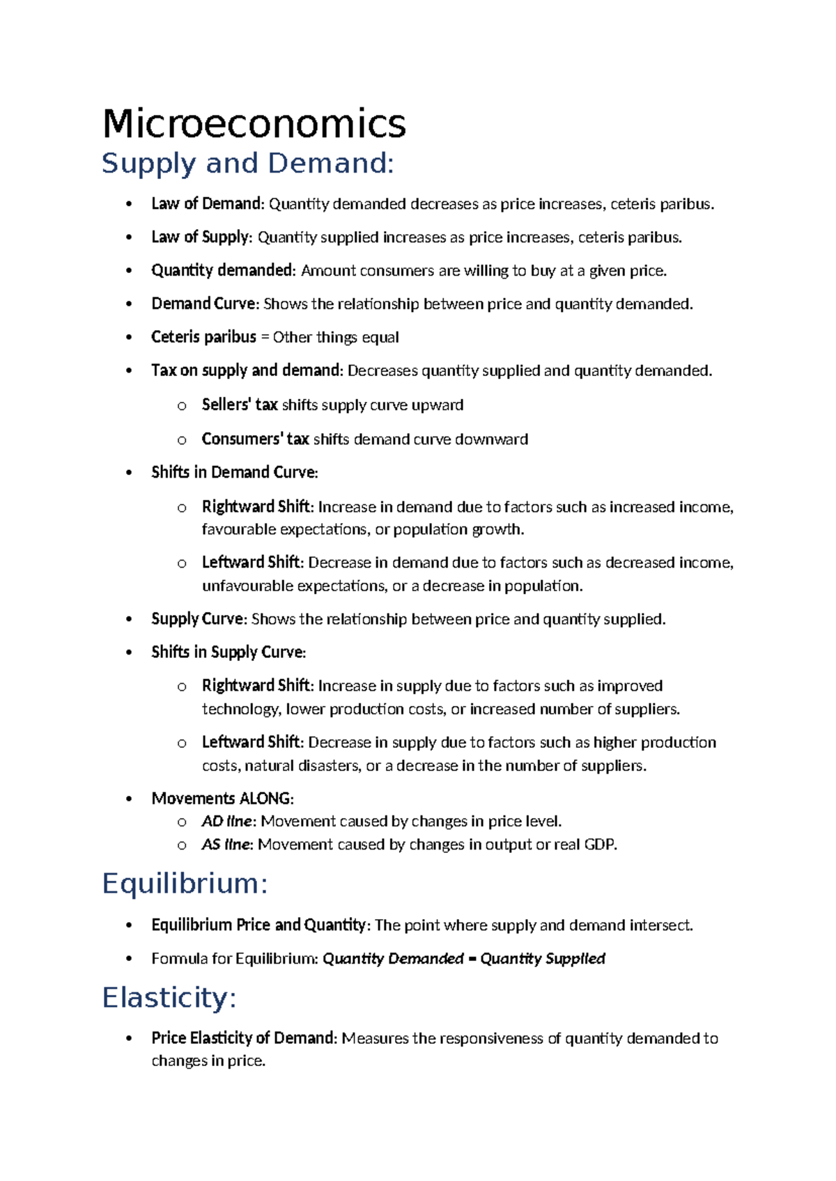 Microeconomics sheet - Microeconomics Supply and Demand: Law of Demand ...