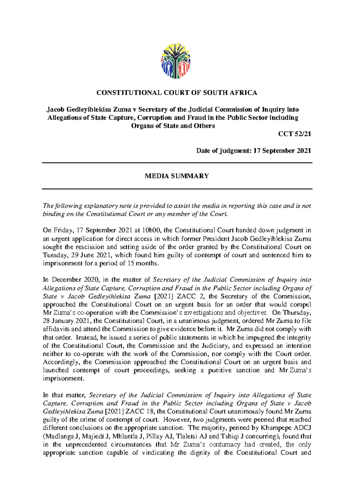 The zuma case summary - THIS CASE EXPLAINS MORE ABOUT JUDICIAL ...