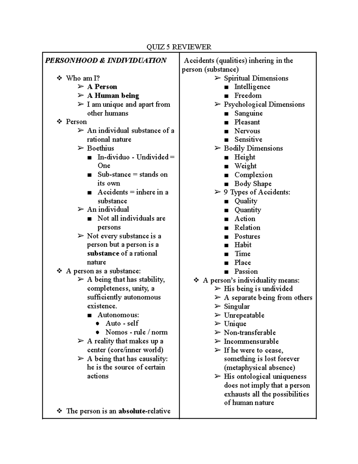 Personhood - QUIZ 5 REVIEWER PERSONHOOD & INDIVIDUATION Who am I? A ...