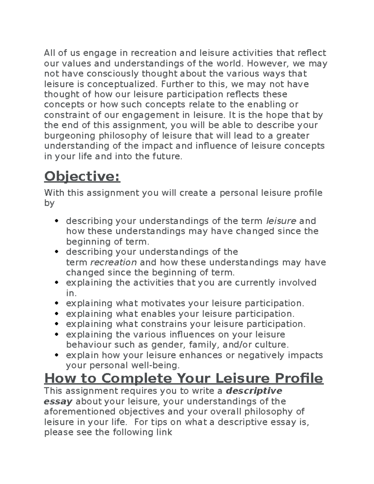 Leisure Profile - All of us engage in recreation and leisure activities ...