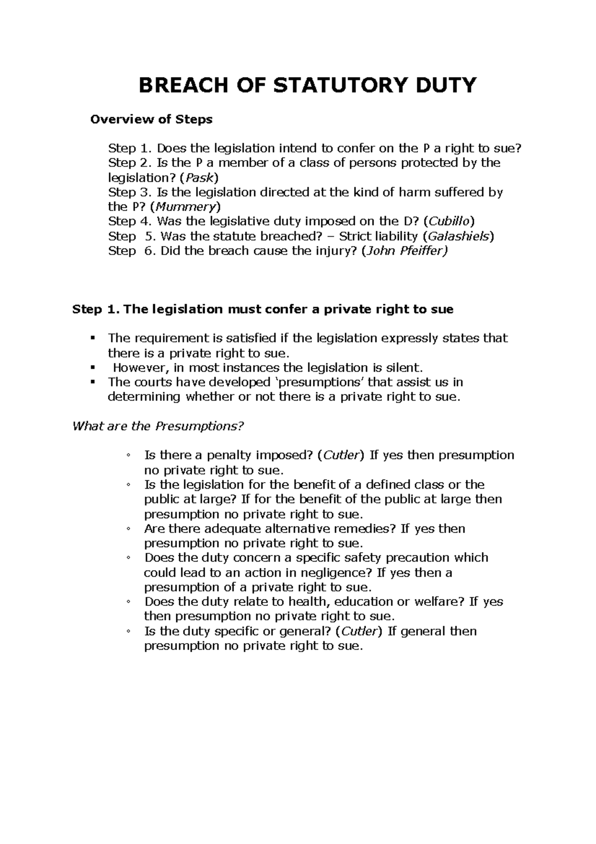 Breach of Statutory Duty Notes - BREACH OF STATUTORY DUTY Overview of ...