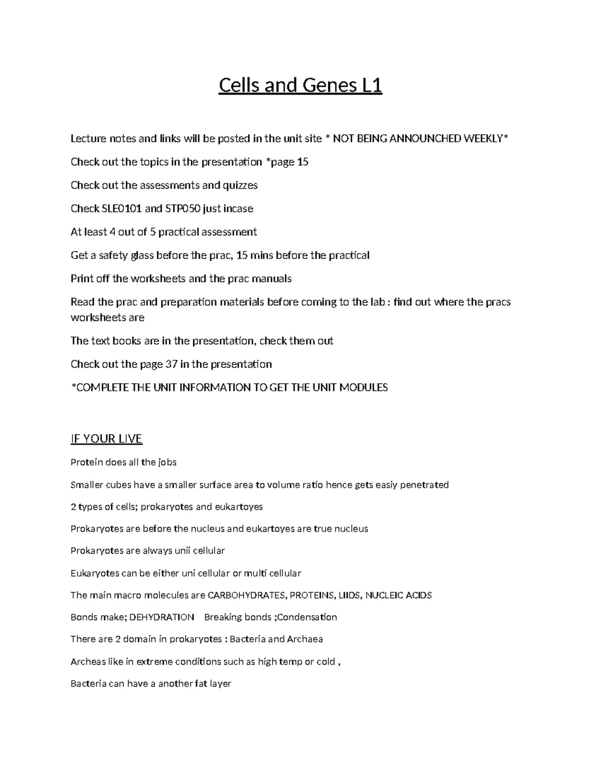 Cells and Genes L1 - NOTES - Cells and Genes L Lecture notes and links ...