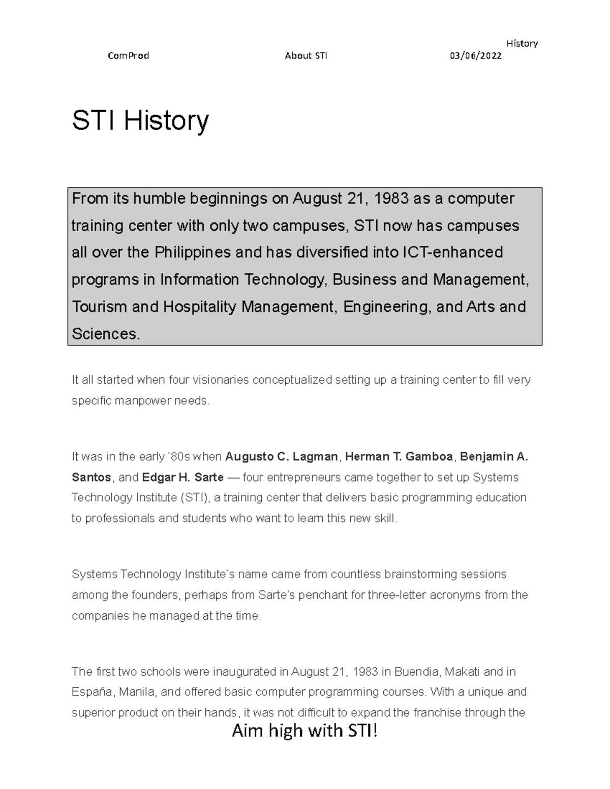 01 Basic Document Formatting 1LE - ComProdAbout STI03/06/ STI History ...