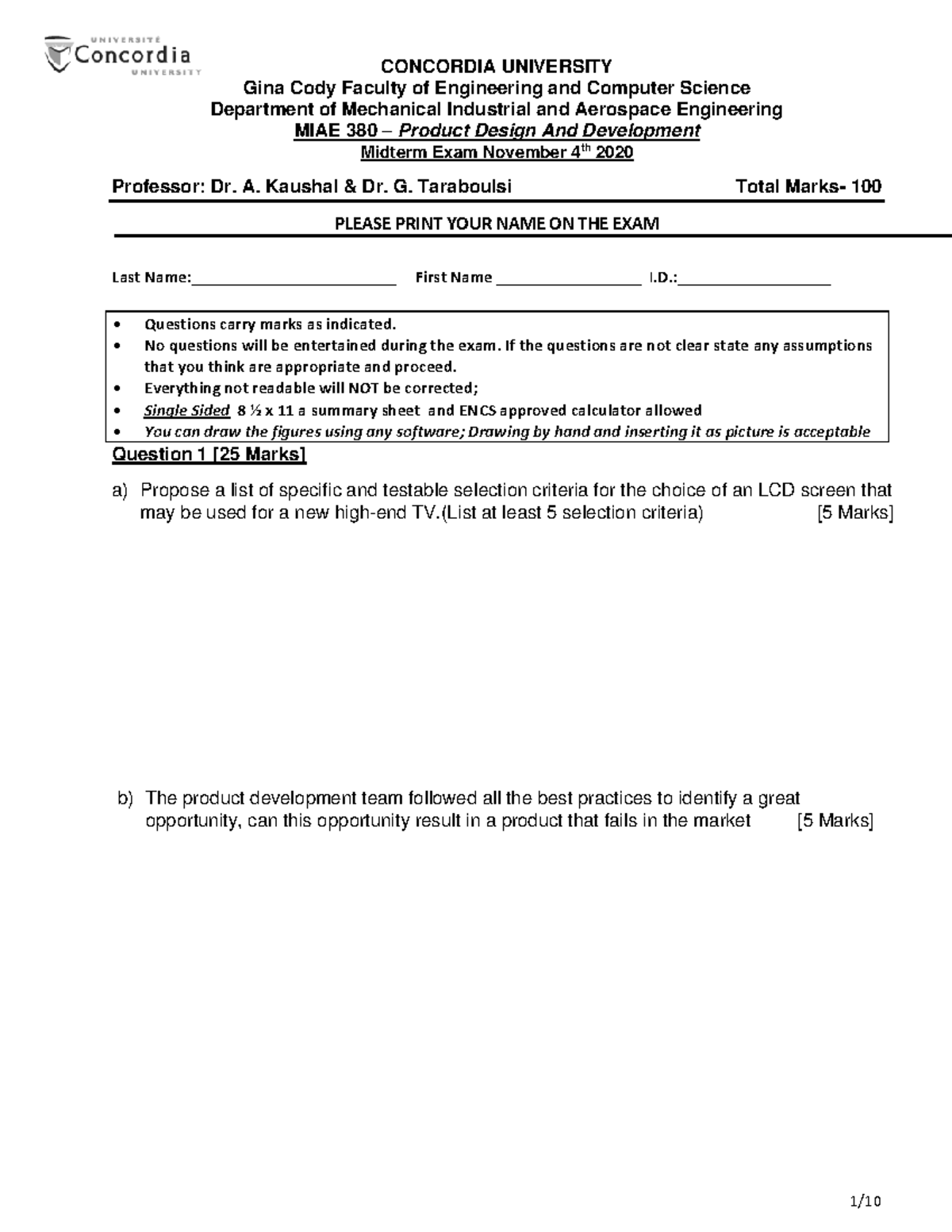 Miae-380-Mid-Term Fall 2020 - CONCORDIA UNIVERSITY Gina Cody Faculty of ...