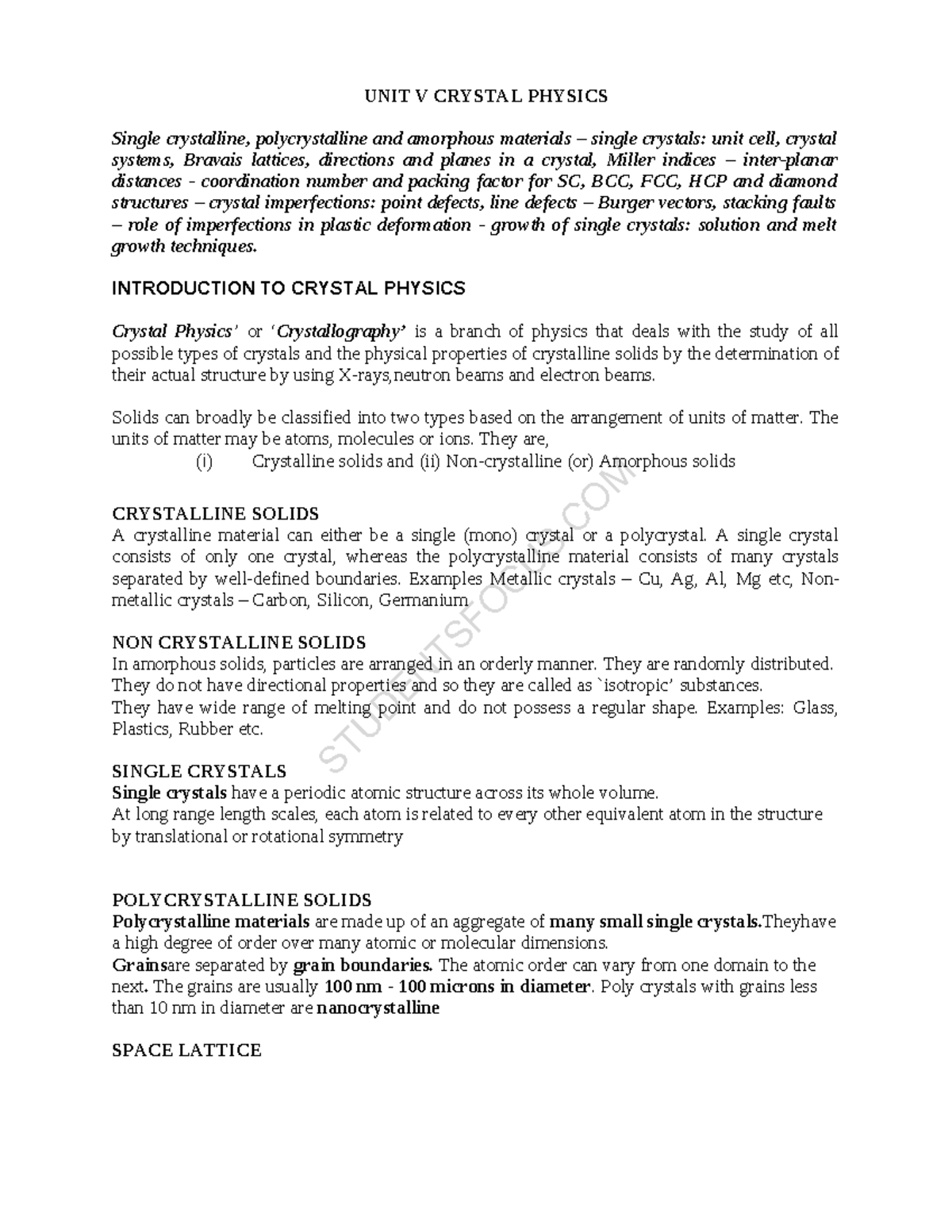 Unit5 - Revise - STUDENTSFOCUS UNIT V CRYSTAL PHYSICS Single crystalline, polycrystalline and ...