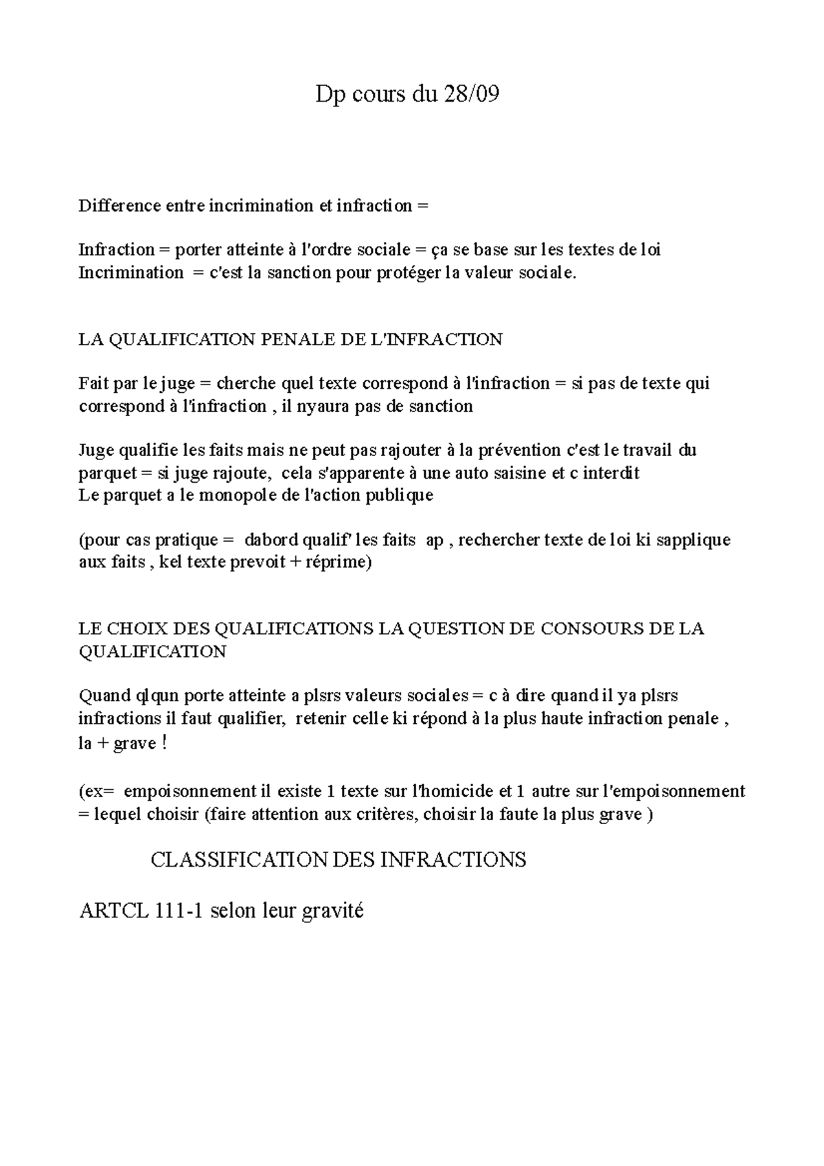 DP 28 SEPT - TD droit penal - Dp cours du 28/ Difference entre ...