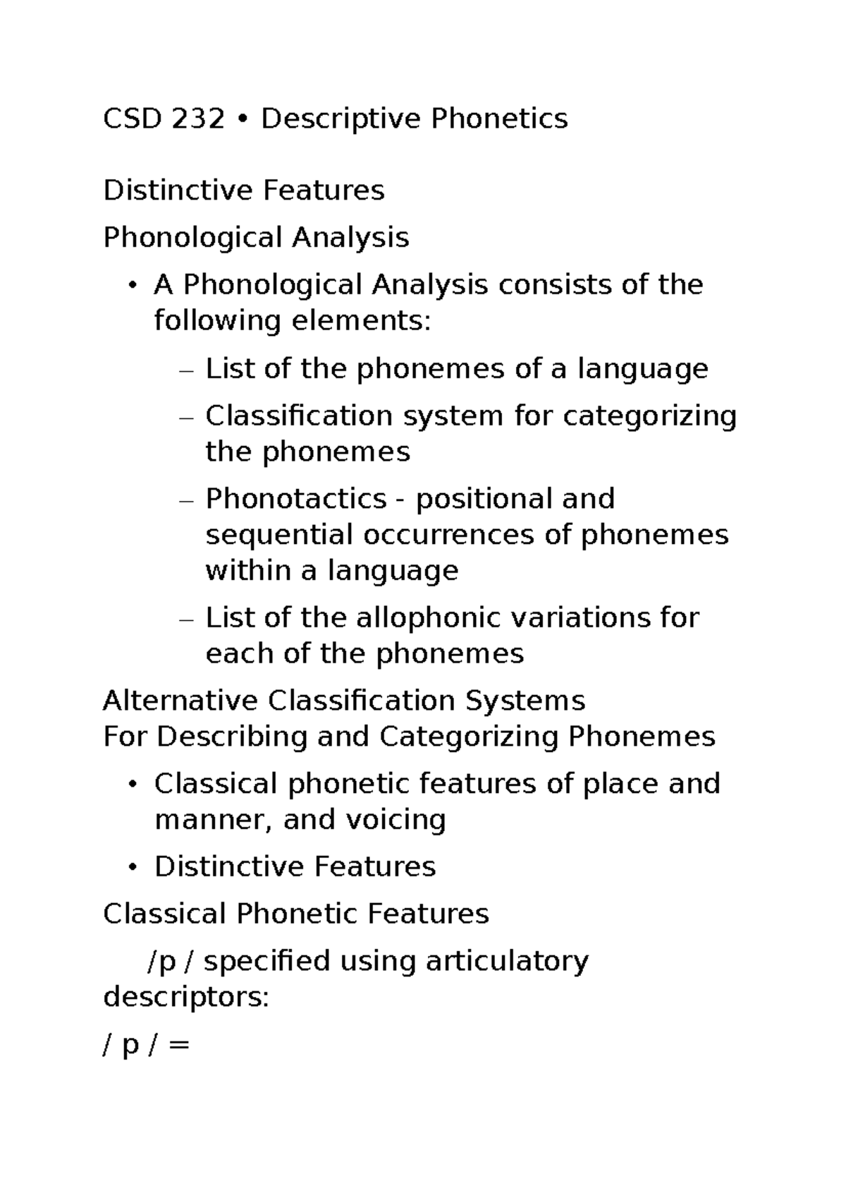Descriptive Phonetics - CSD 232 • Descriptive Phonetics Distinctive ...