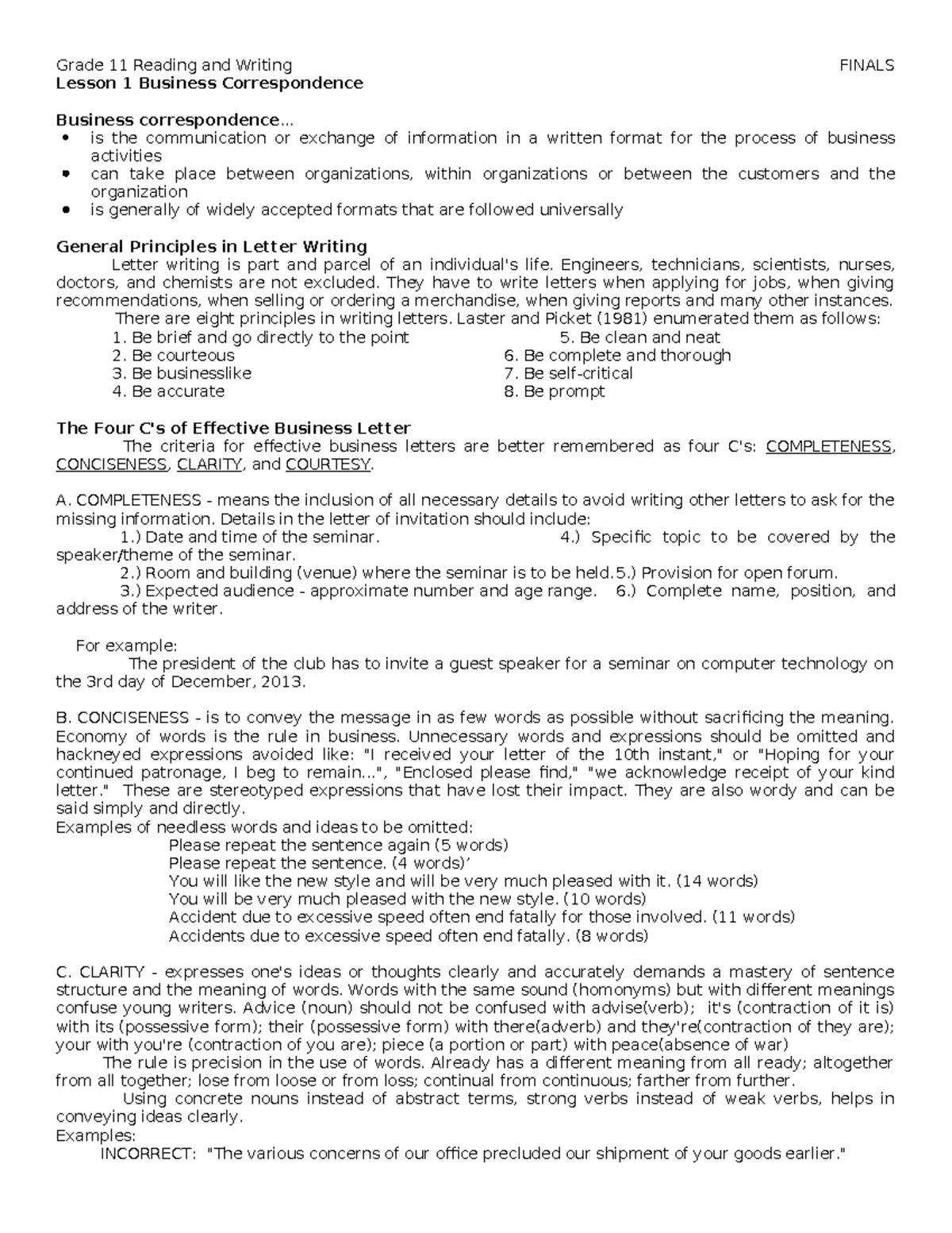 Lesson 1 Notes Business Correspondence - Grade 11 Reading and Writing ...