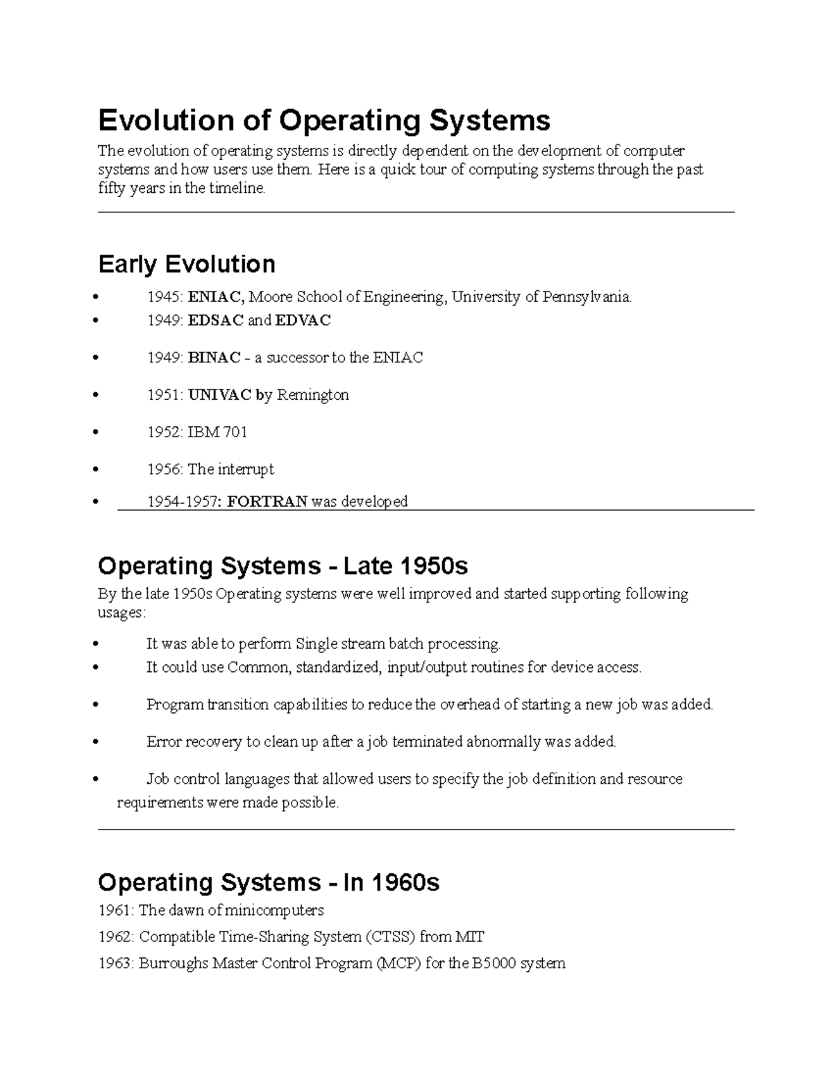Introduction 2 - notes - Evolution of Operating Systems The evolution ...