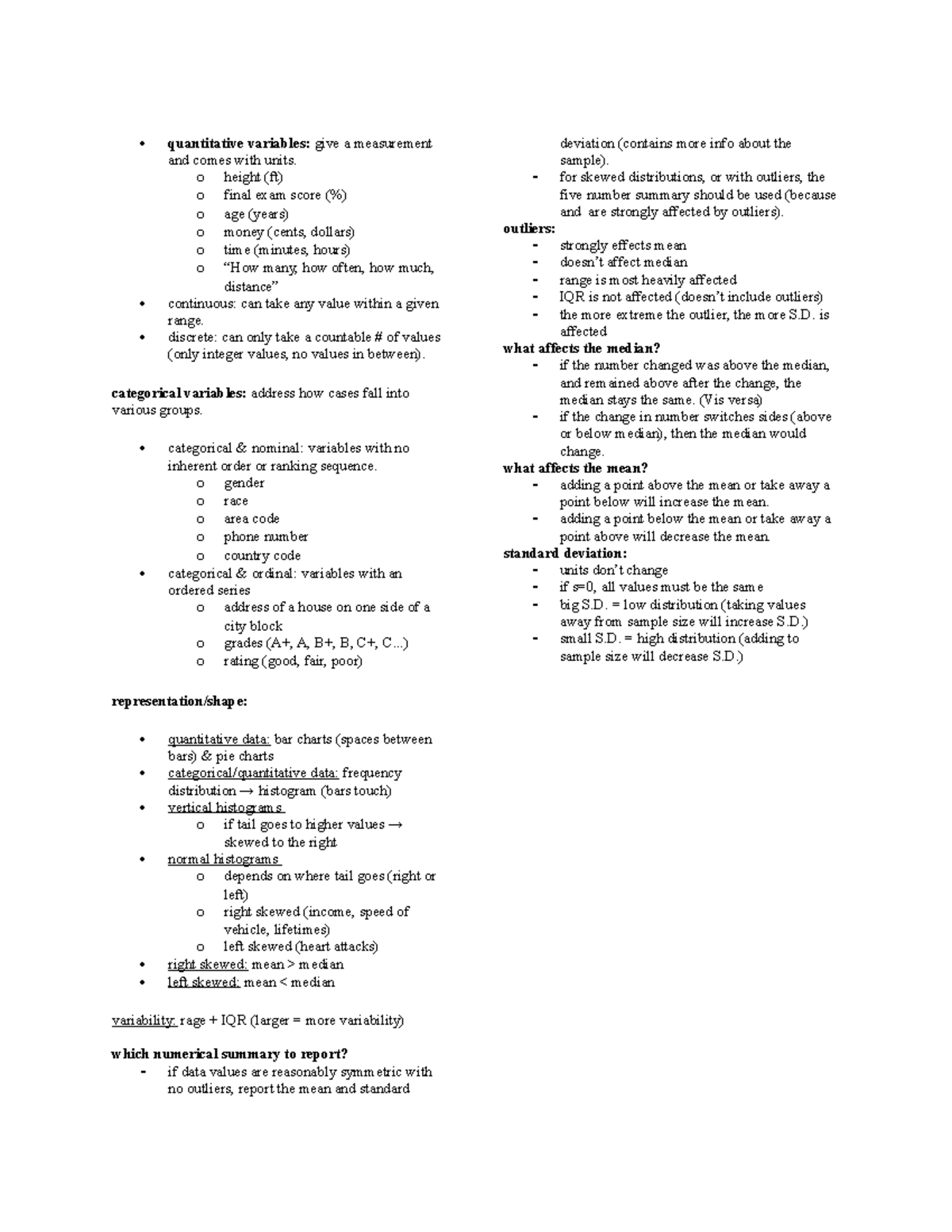 Quiz 1 cheat sheet - quantitative variables: give a measurement and ...