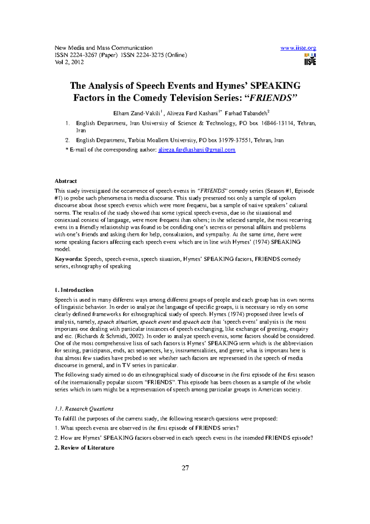 Speaking - NOTES - ISSN 2224-3267 (Paper) ISSN 2224-3275 (Online) Vol 2 ...