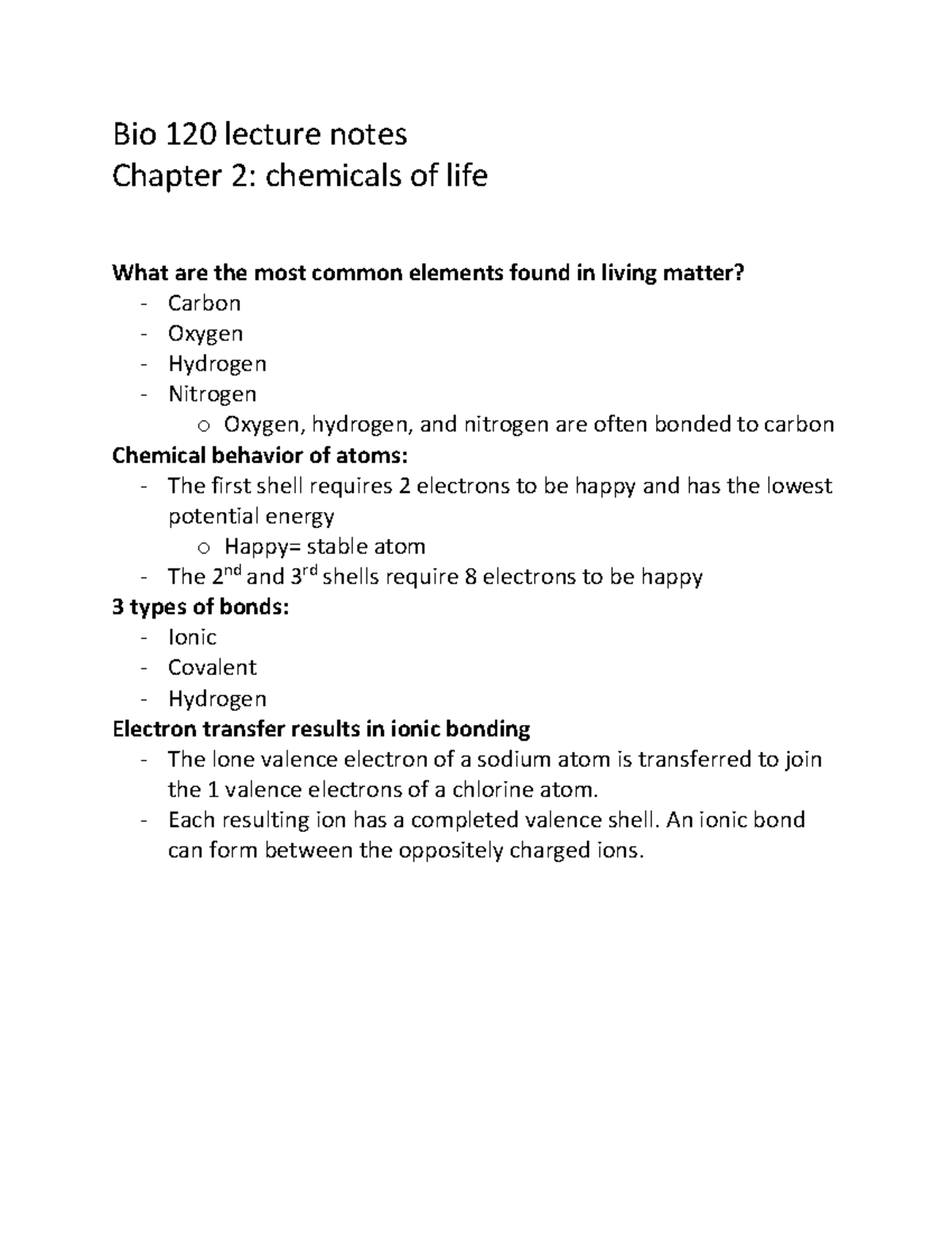 Chapter 2 notes - Bio 120 lecture notes Chapter 2: chemicals of life ...