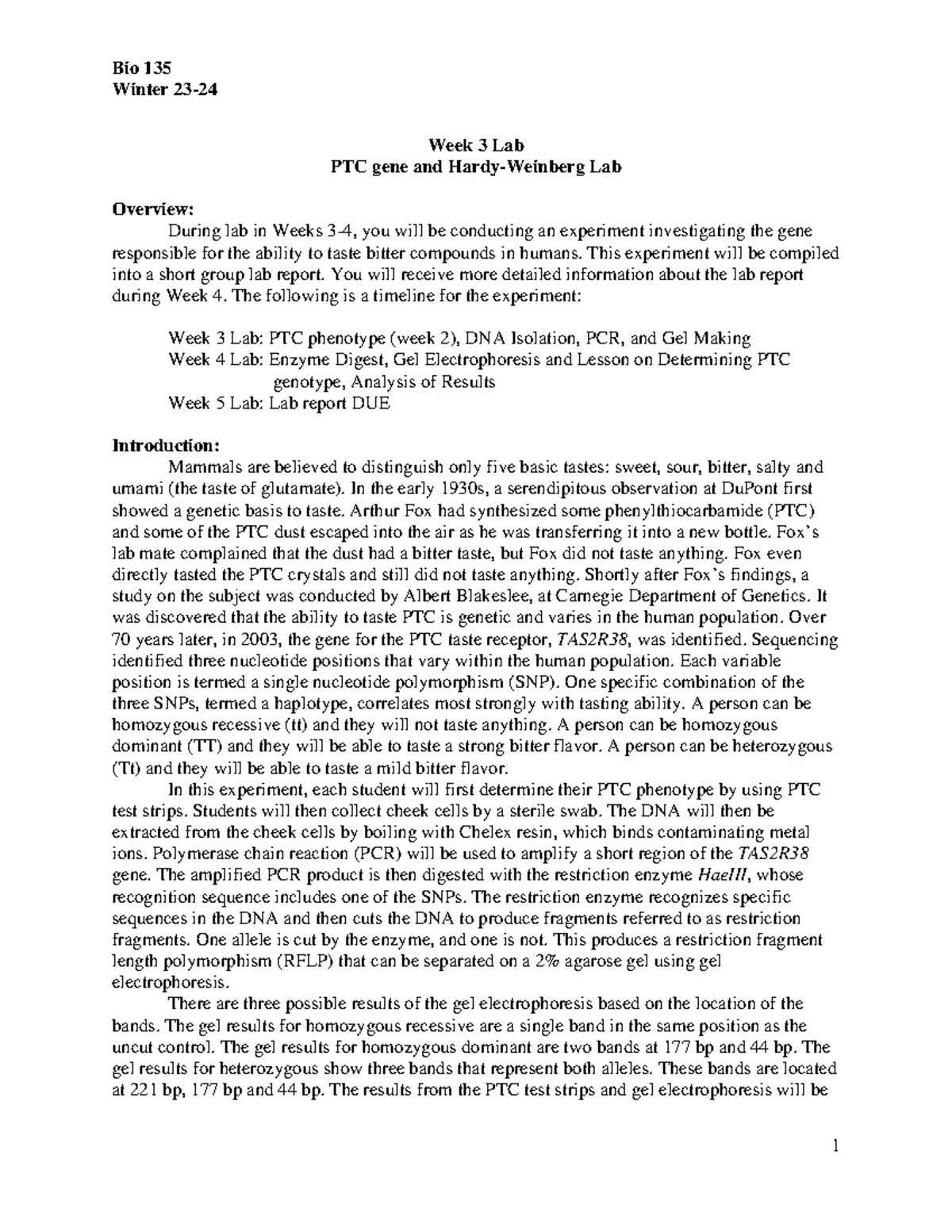Week 3 PTC Part 1 Bio 135 W24 - Winter 23- Week 3 Lab PTC gene and Hardy-Weinberg Lab Overview ...