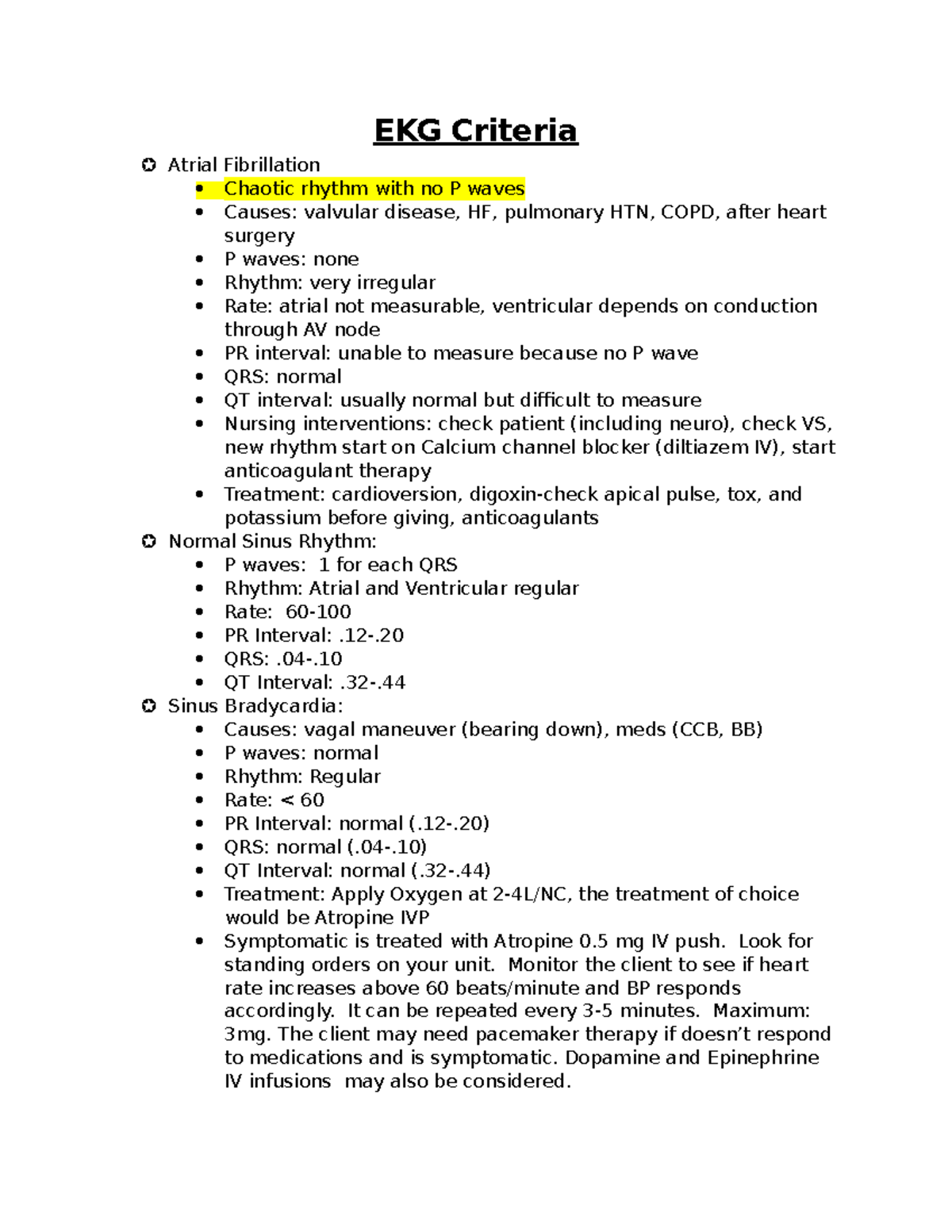 EKG info - Notes - EKG Criteria Atrial Fibrillation Chaotic rhythm with ...