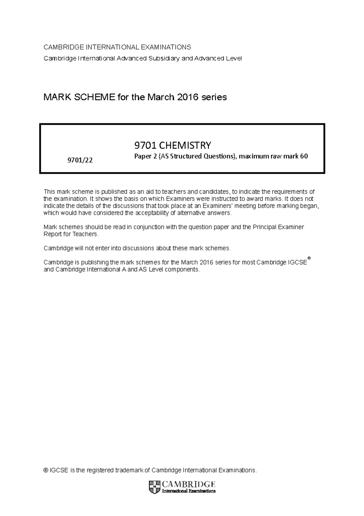 9701 m16 ms 22 - do as directed - 9701/ 9701 CHEMISTRY Paper 2 (AS ...