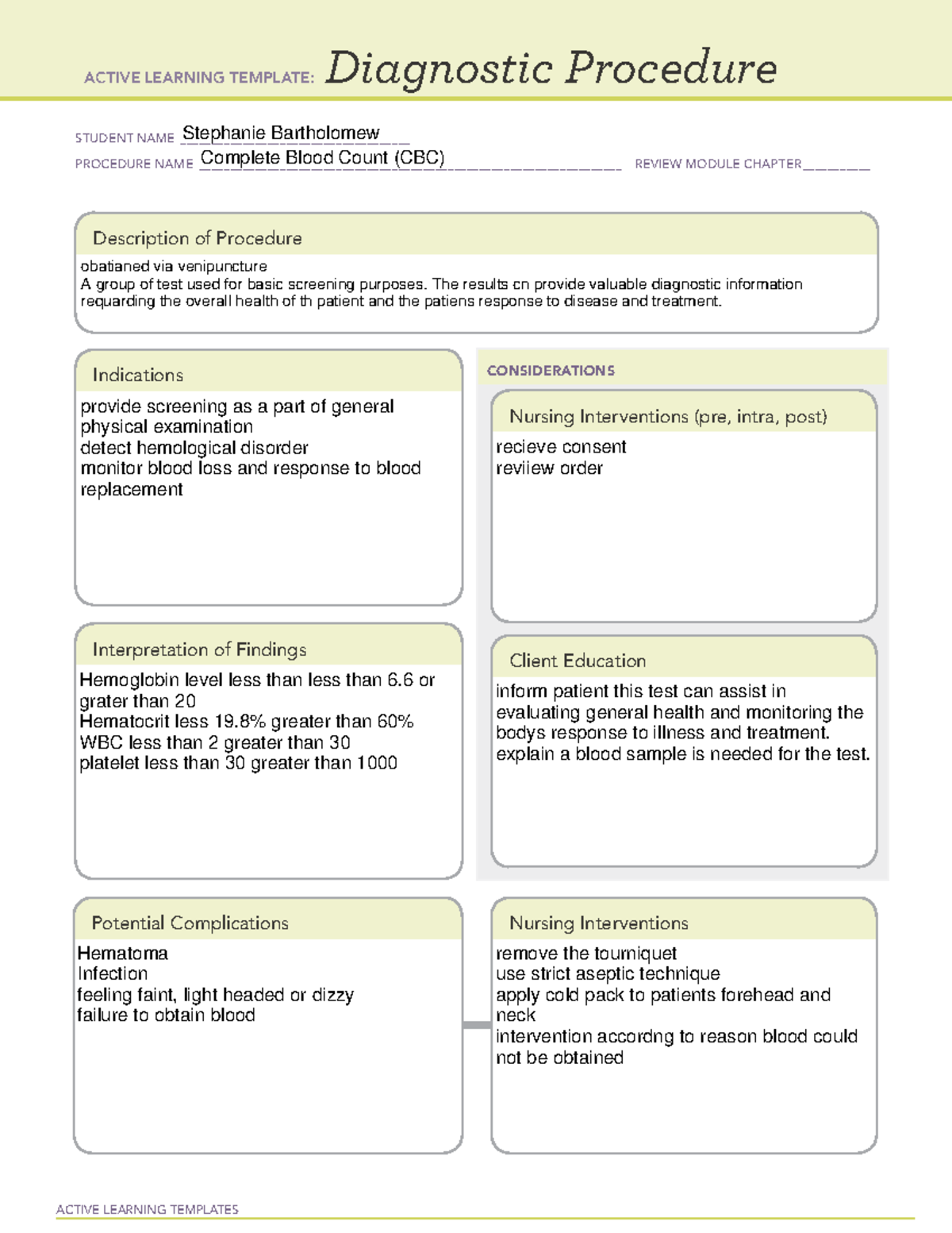 ATI Diagnostic Procedure Template CBC - MED/SURG2 - ACTIVE LEARNING ...