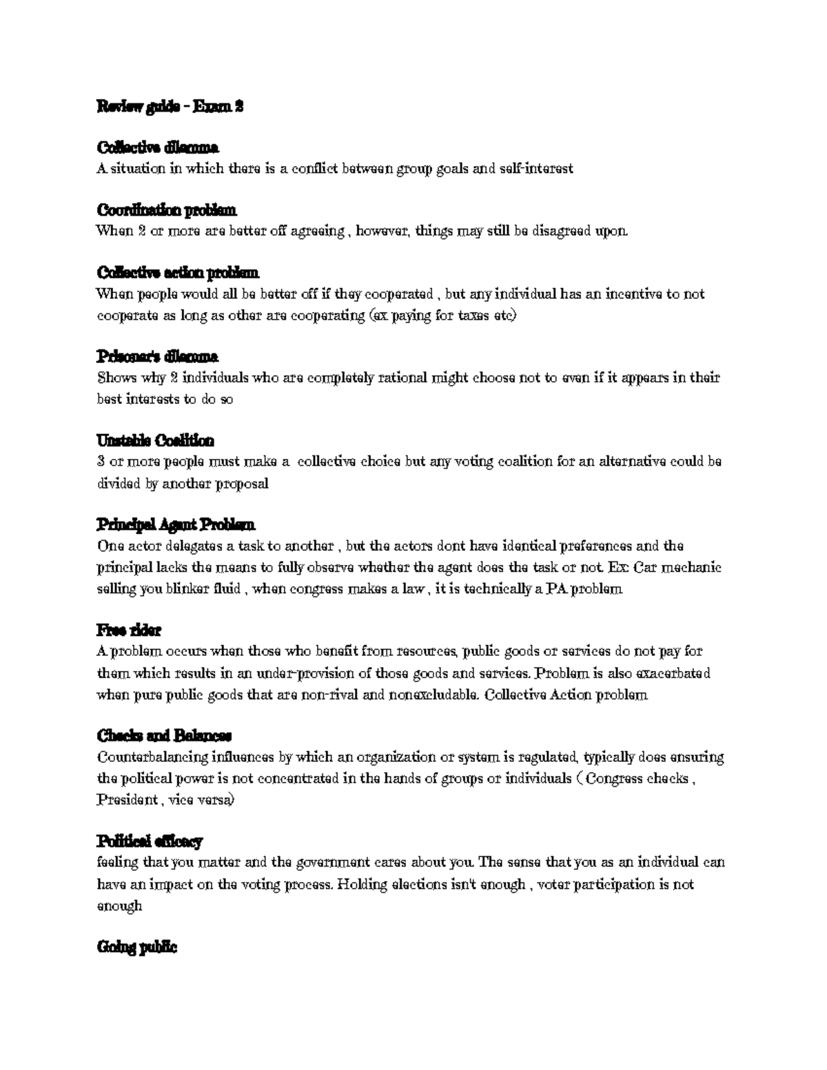 Review guide POLS 101 Exam 2 - Review guide - Exam 2 Collective dilemma ...