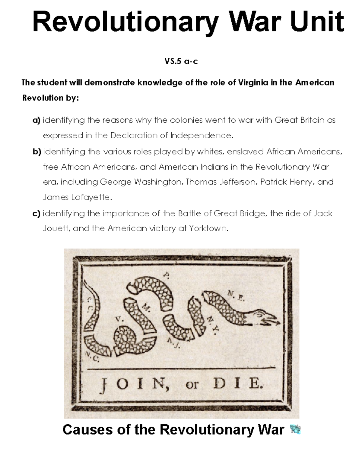 00-Revolutionary War Notes (2) - Revolutionary War Unit VS a-c The ...