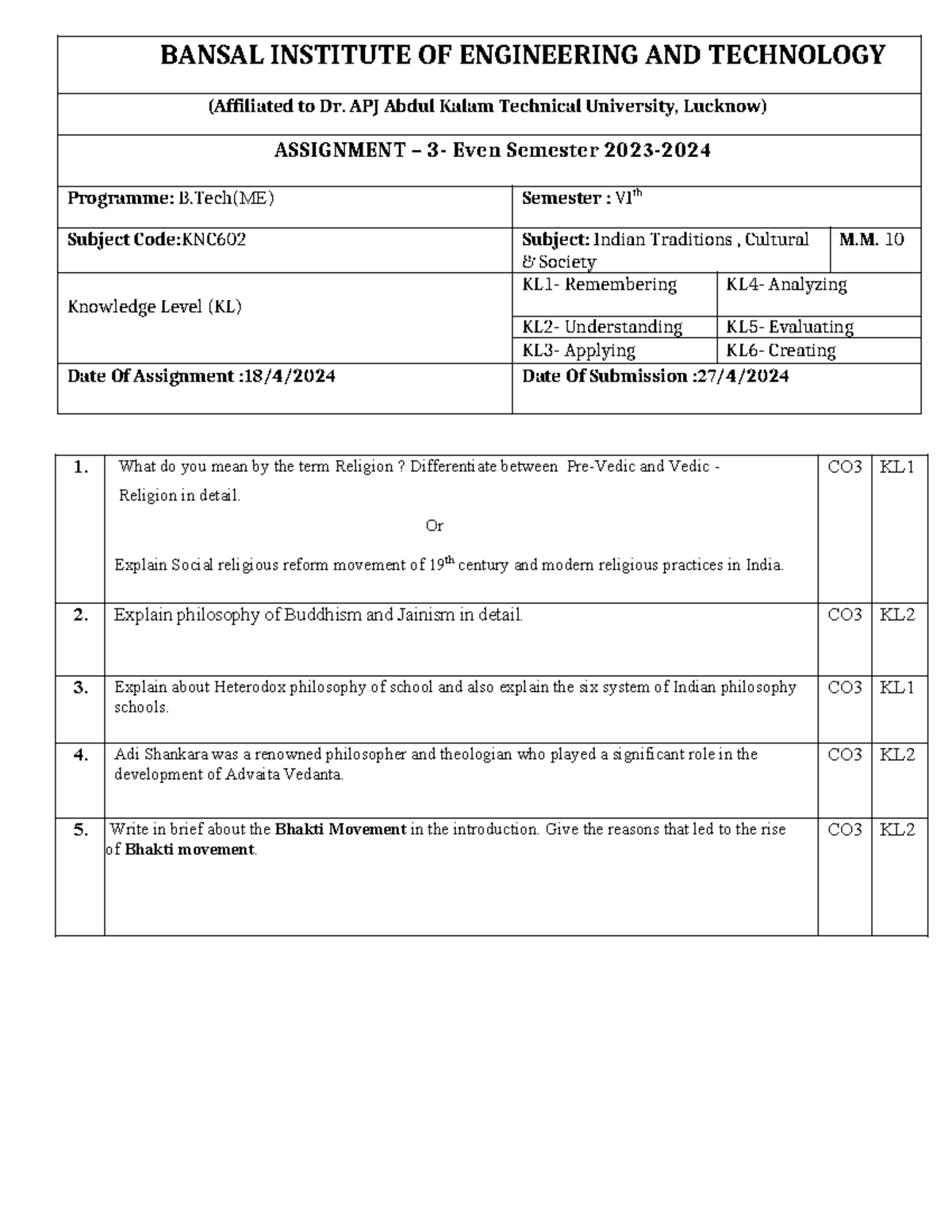ITCS Assignment-3 - BANSAL INSTITUTE OF ENGINEERING AND TECHNOLOGY (Affiliated to Dr. APJ Abdul ...