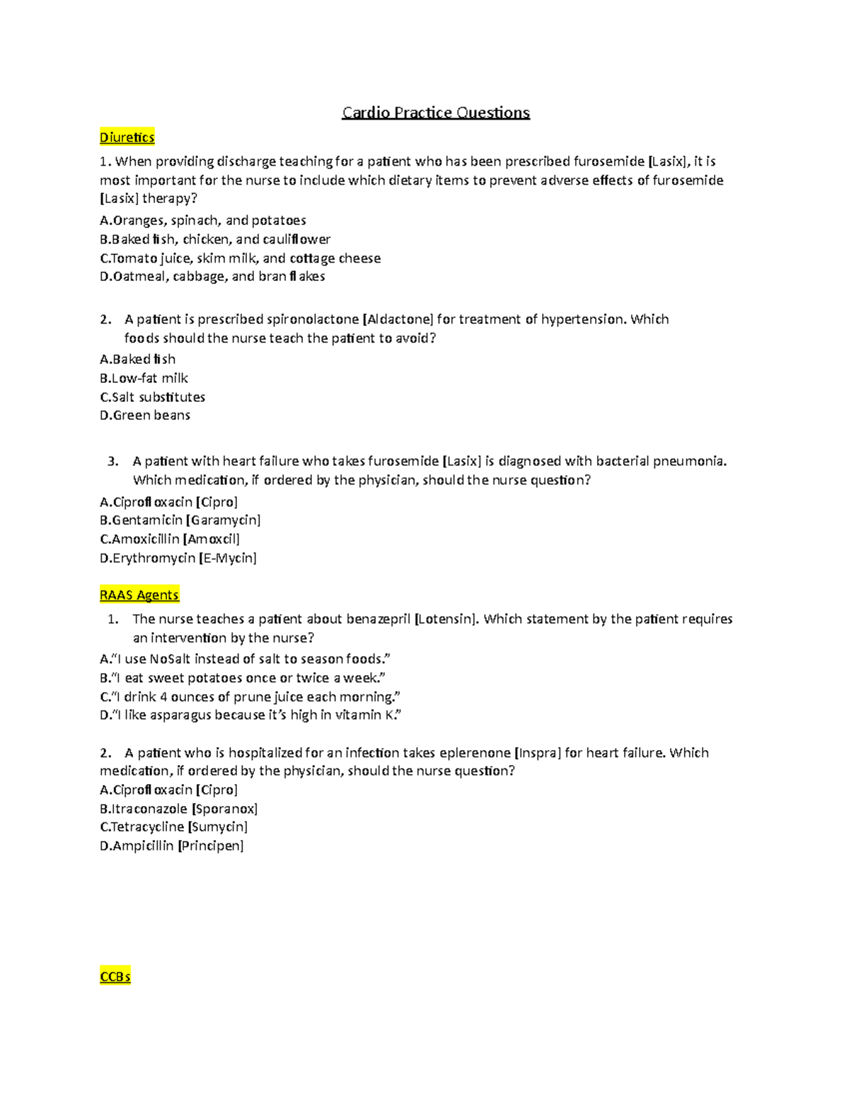 Cardio practice questions - Cardio Practice Questions Diuretics When ...