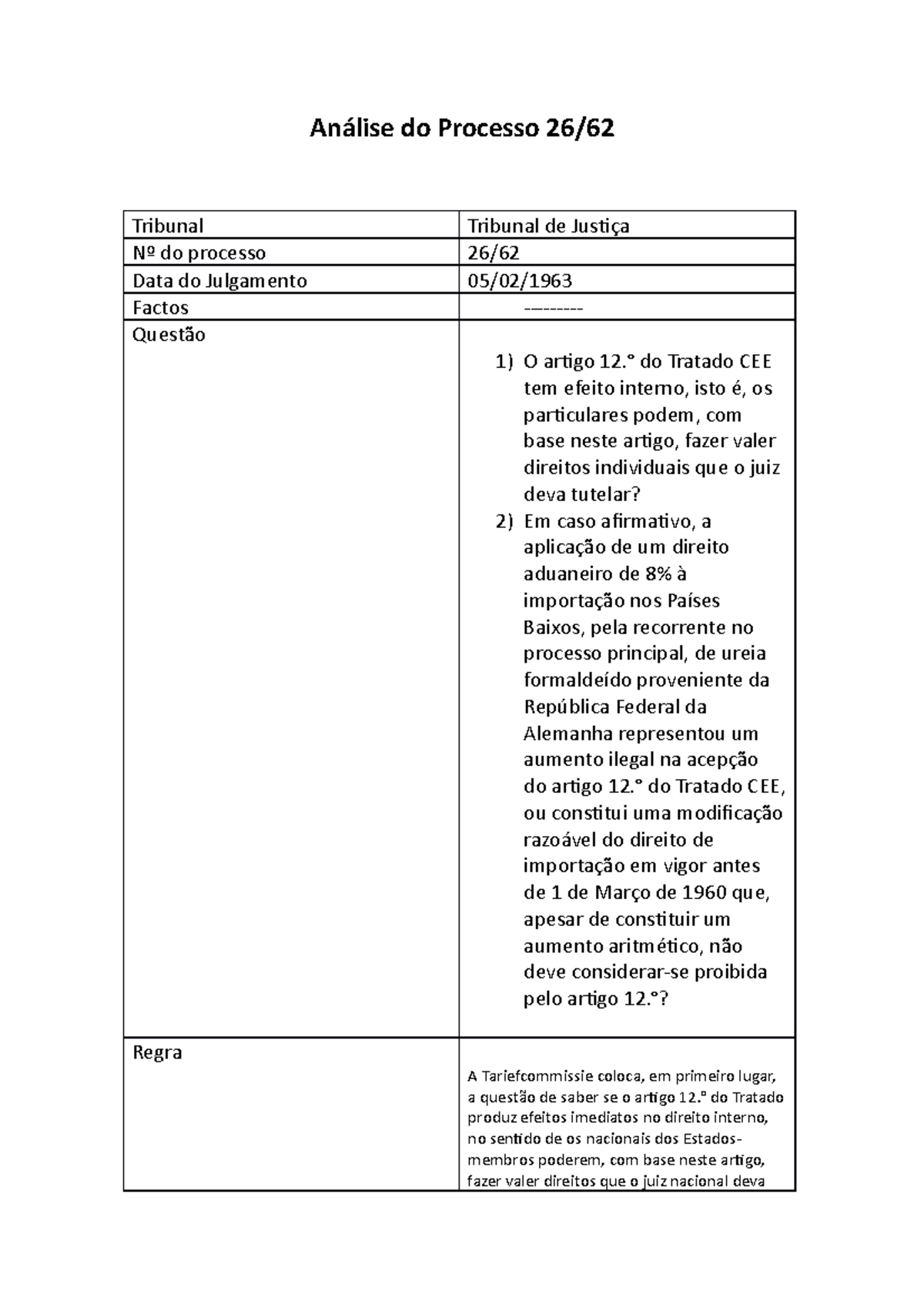 Análise do Processo 26-62 - Análise do Processo 26/ Tribunal Tribunal ...