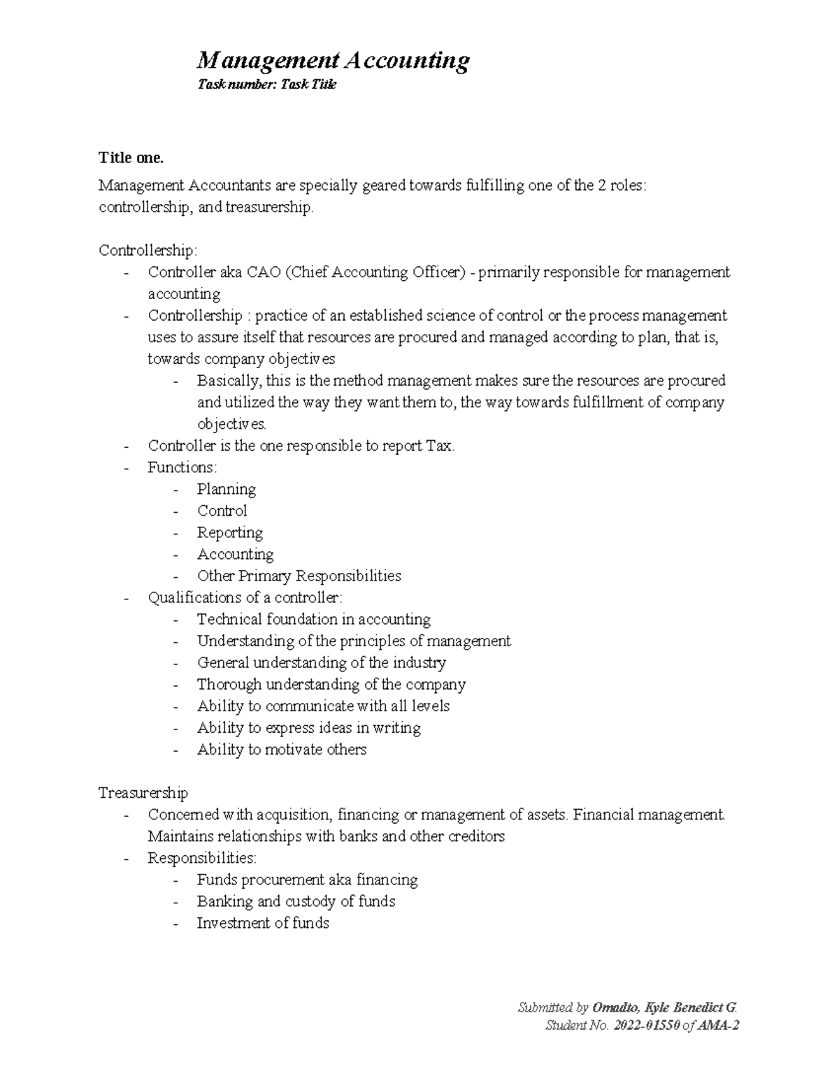 Controllership v Treasurership - Management Accounting Task number ...