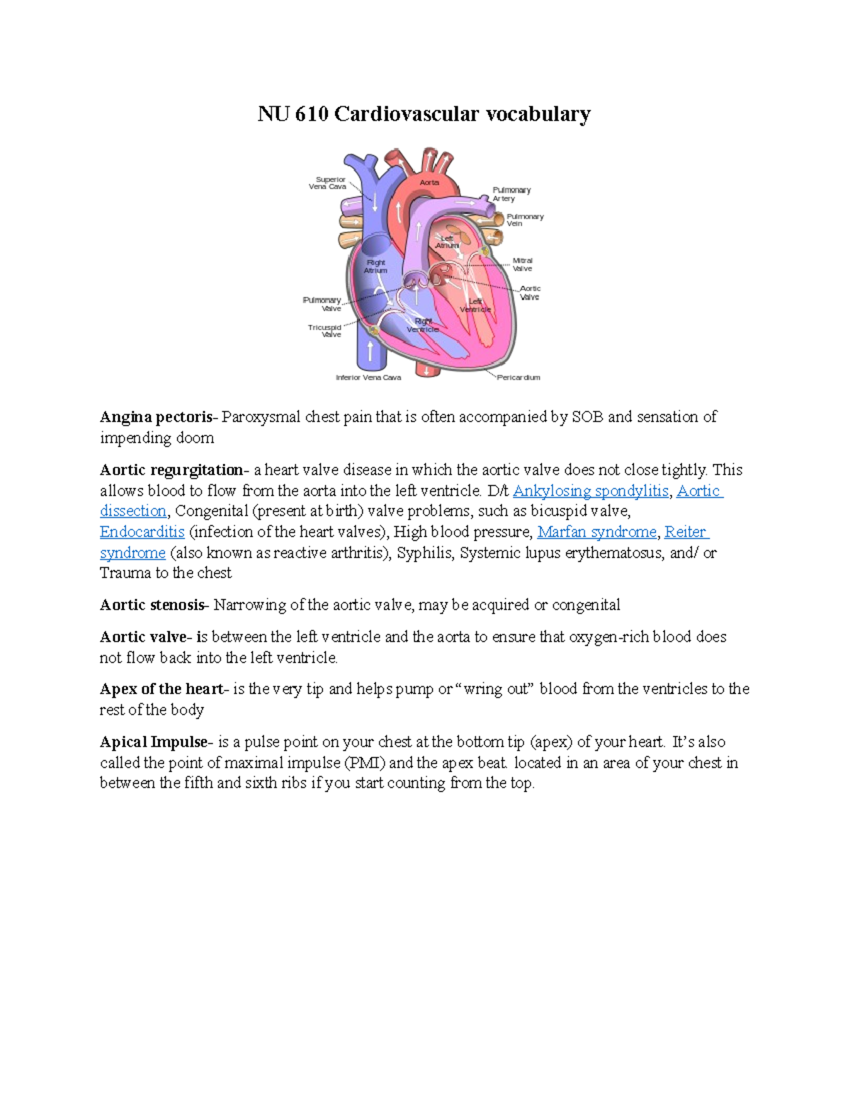 NU 610 Cardiovascular system Vocabulary - NU 610 Cardiovascular ...