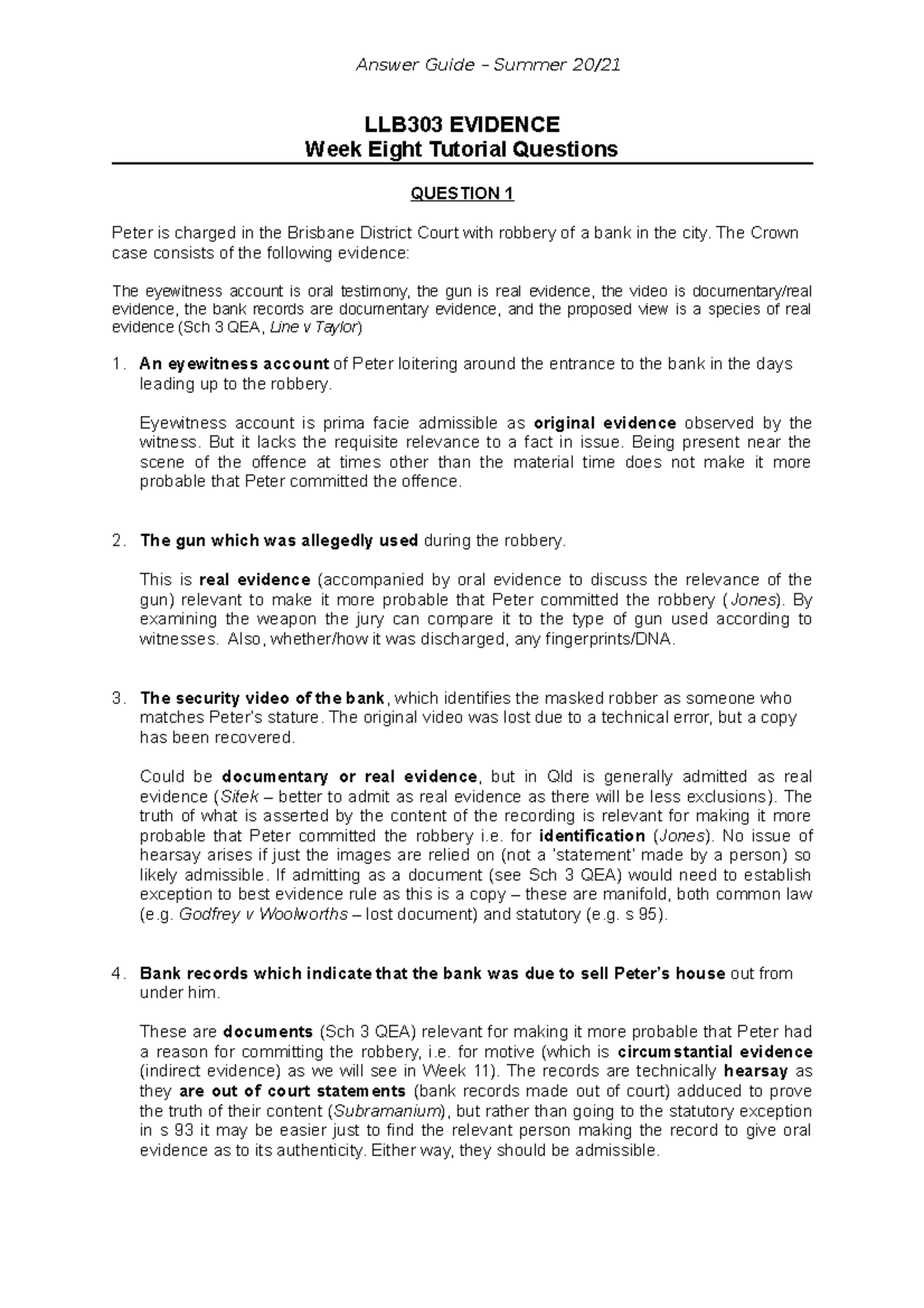 Week 8 Tutorial Questions and Answers - LLB303 EVIDENCE Week Eight ...
