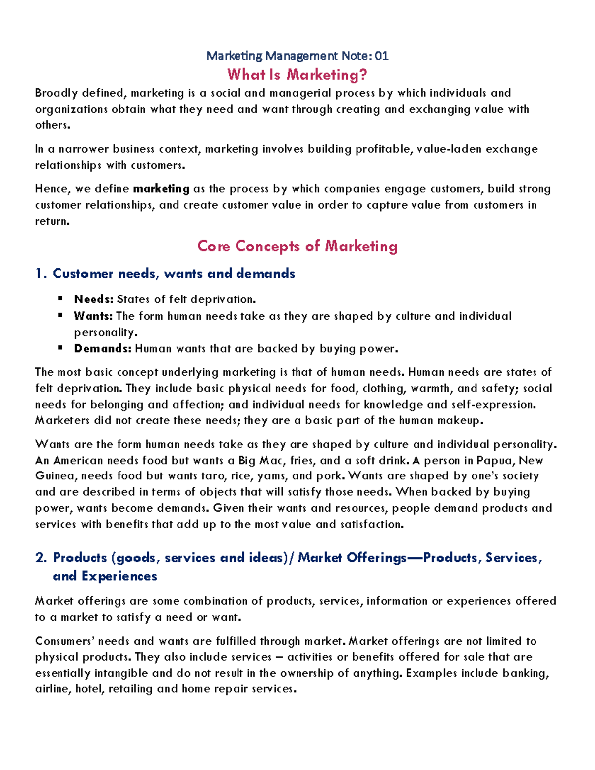 MM 1 - ffffffffffff - Marketing Management Note: 01 What Is Marketing ...