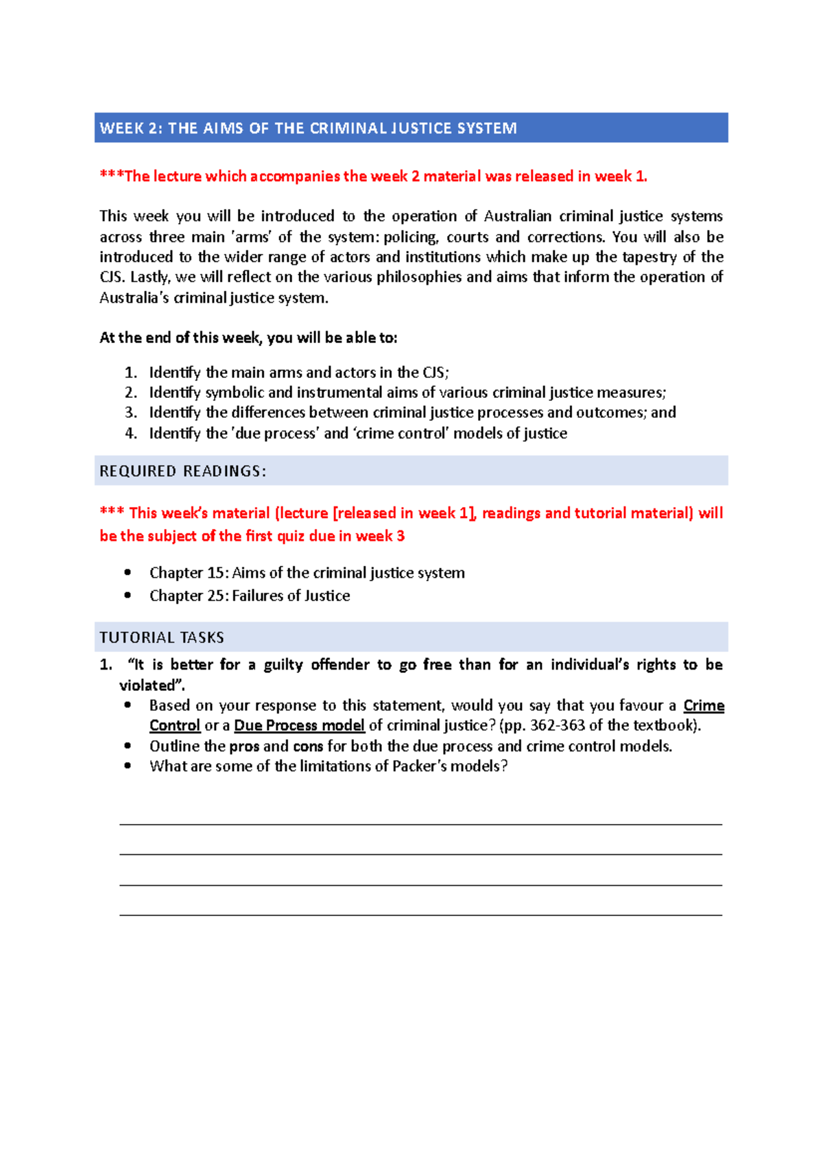 Week 2 - Worksheet - WEEK 2: THE AIMS OF THE CRIMINAL JUSTICE SYSTEM ...